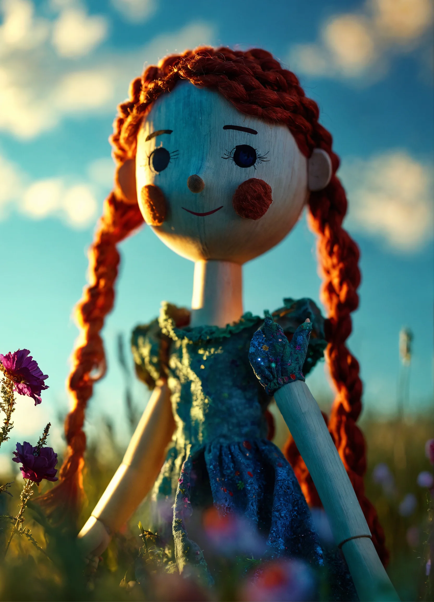 Lexica - One wooden puppets, a red-haired girl with braids, happy ...