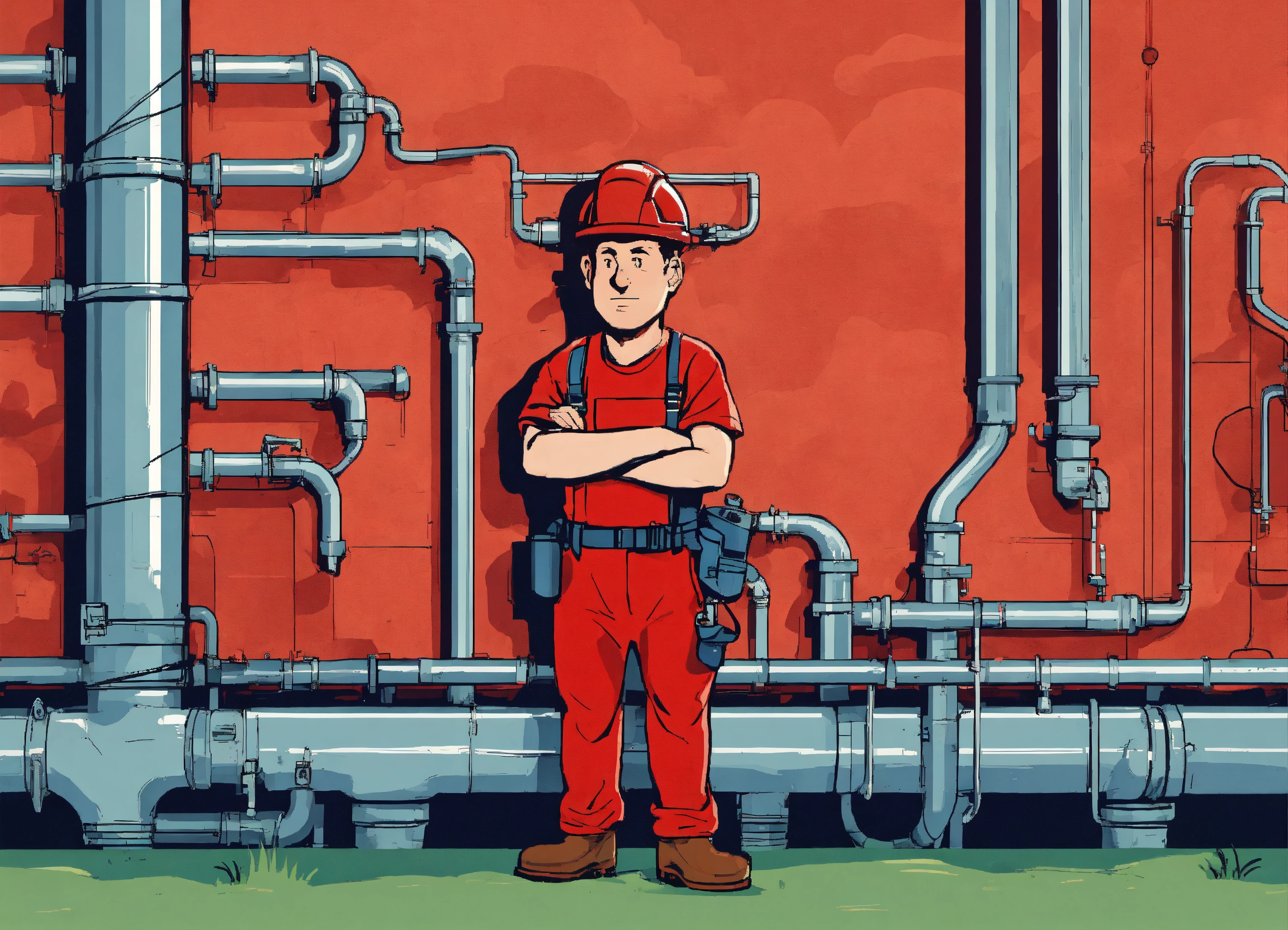 Lexica - A plumber in a red overall with a red hard helm is standing in ...