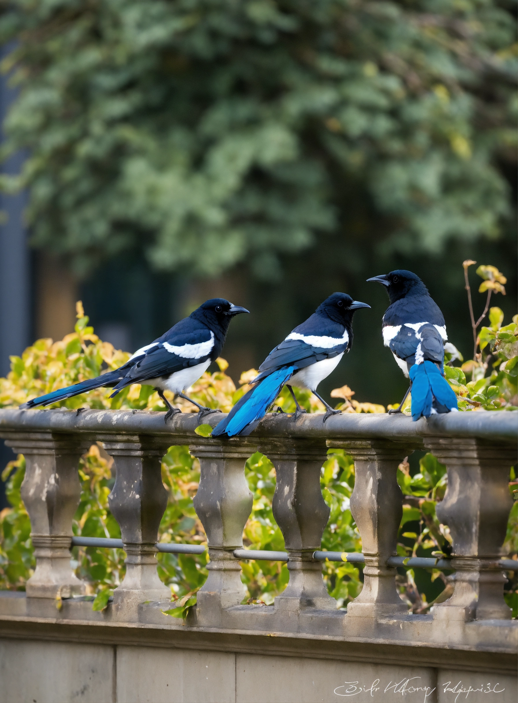 Lexica - 3 magpies sitting on a balcony rail, 2 facing in the opposite ...