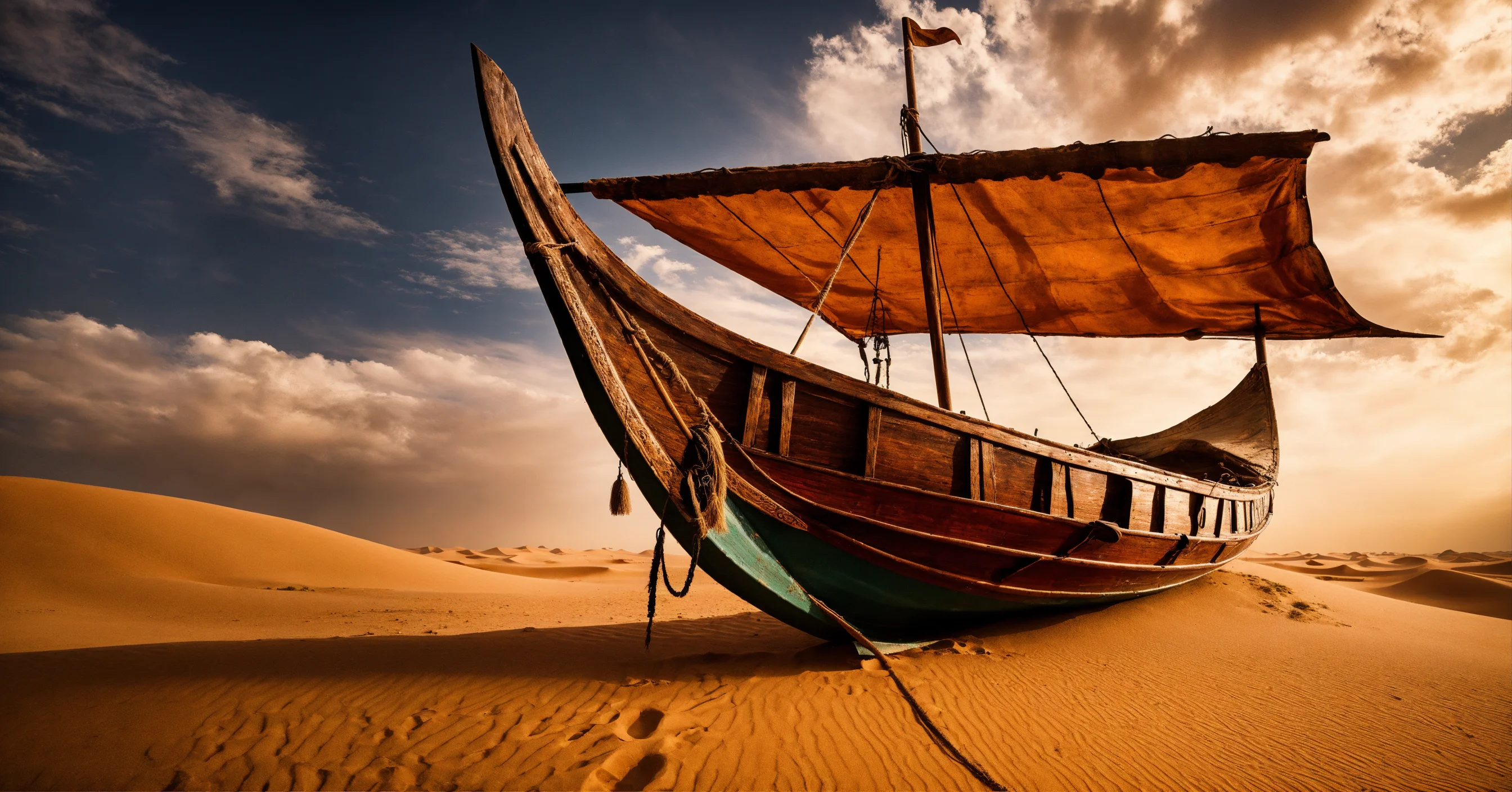Lexica - A luxurius viking oar boat sail in the sahara desert, strong ...