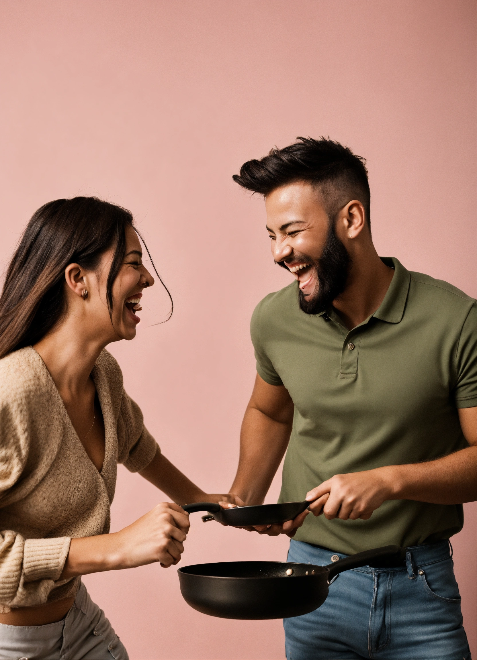 Lexica - Woman hitting a man with a frying pan while the woman is laughing