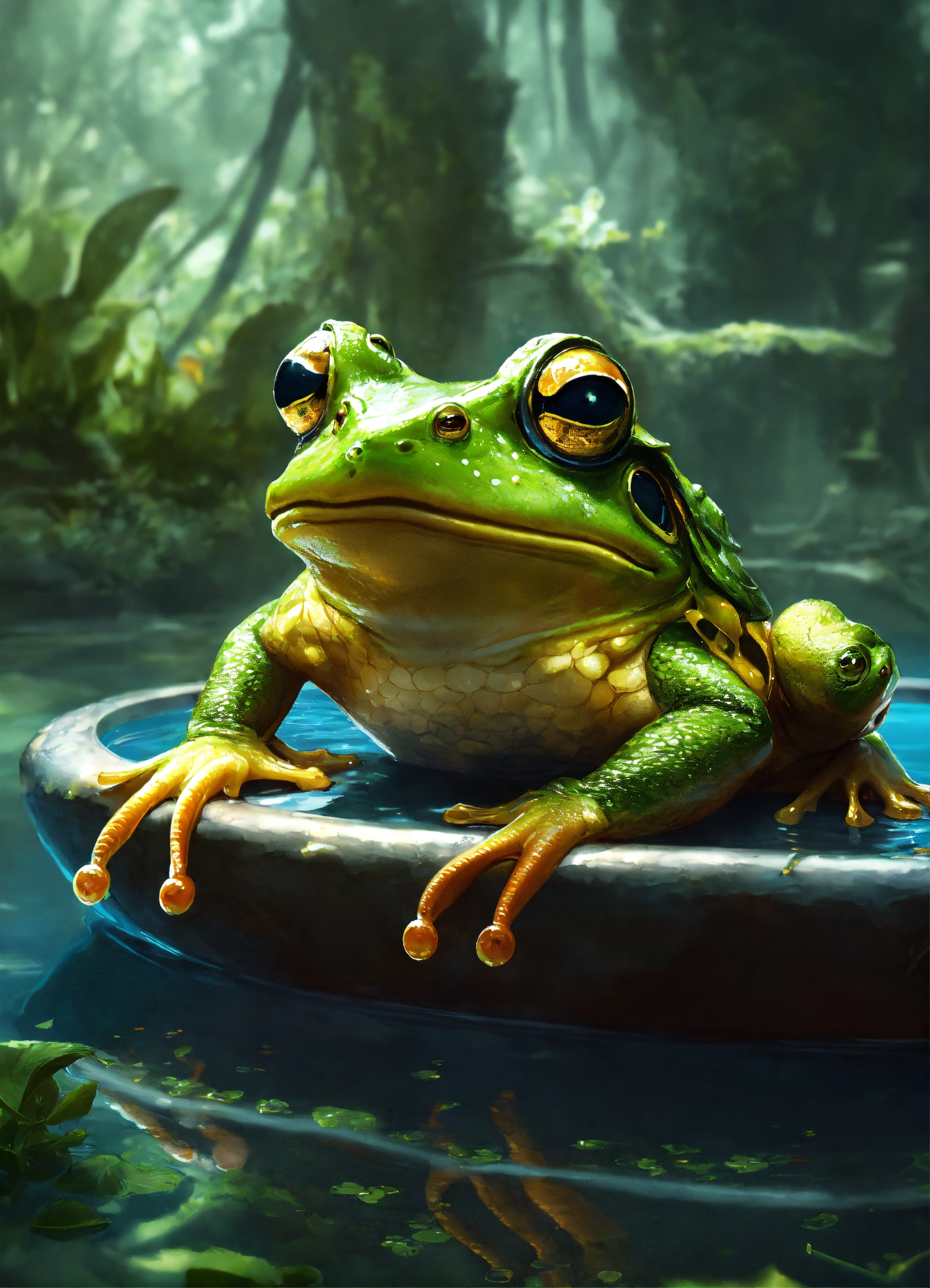 Lexica - “giant frog with tusks in its mouth, sitting on a pool of ...