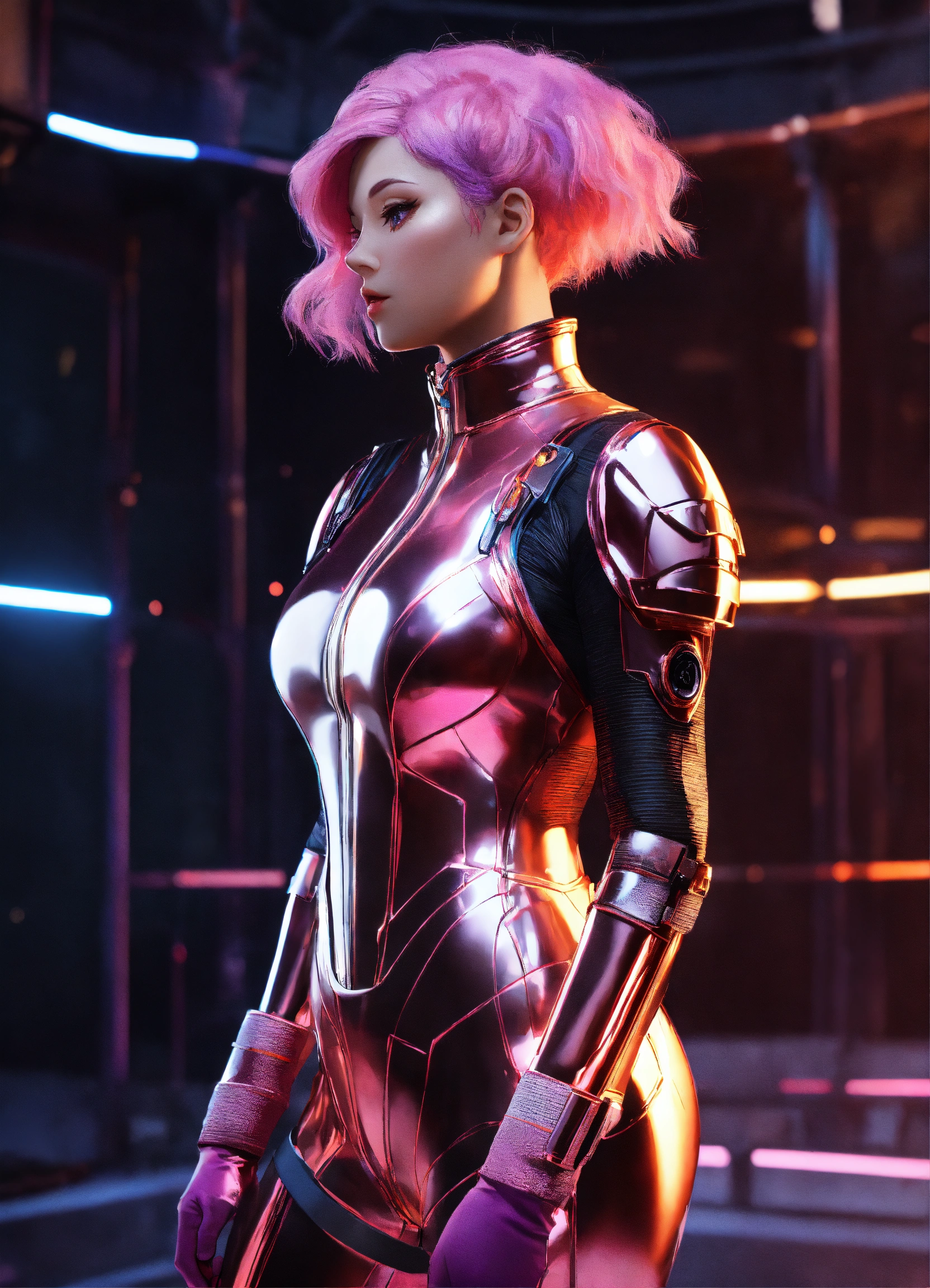 Lexica - An iridescent purple and black steel tight space suit worn by ...