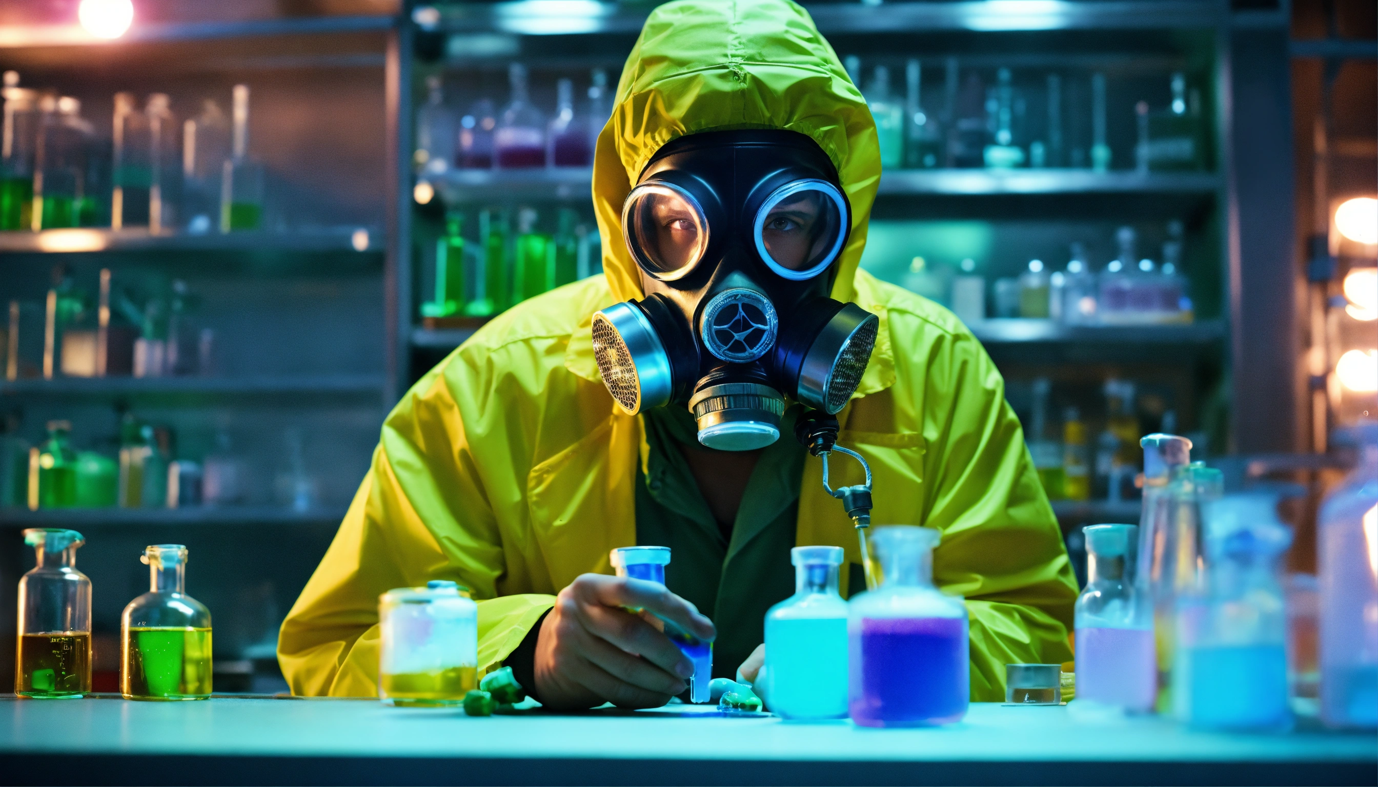 Lexica - Toxic. crazy man chemist wearing gas mask. working in a modern ...