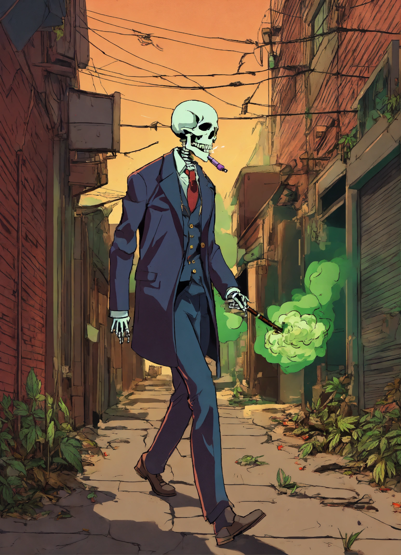 Lexica - A skeleton walking down an alley dressed like a mobster ...