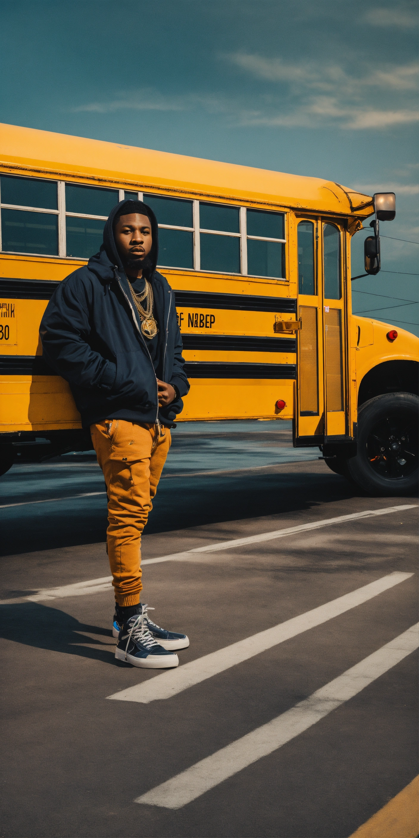 Lexica - Picture of rapper with school bus, 8k