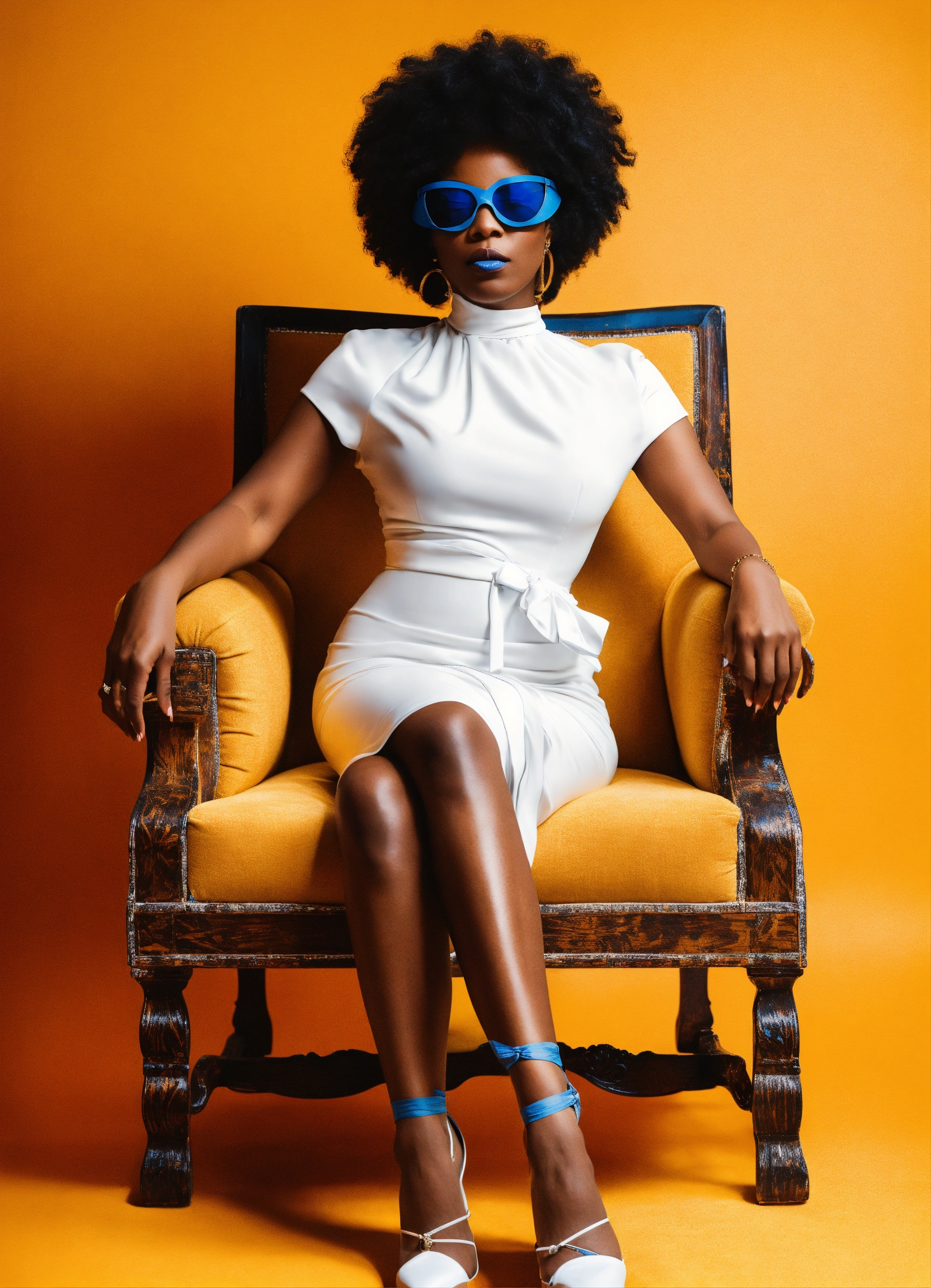Lexica - A black woman in a white dress and sunglasses sitting in a ...