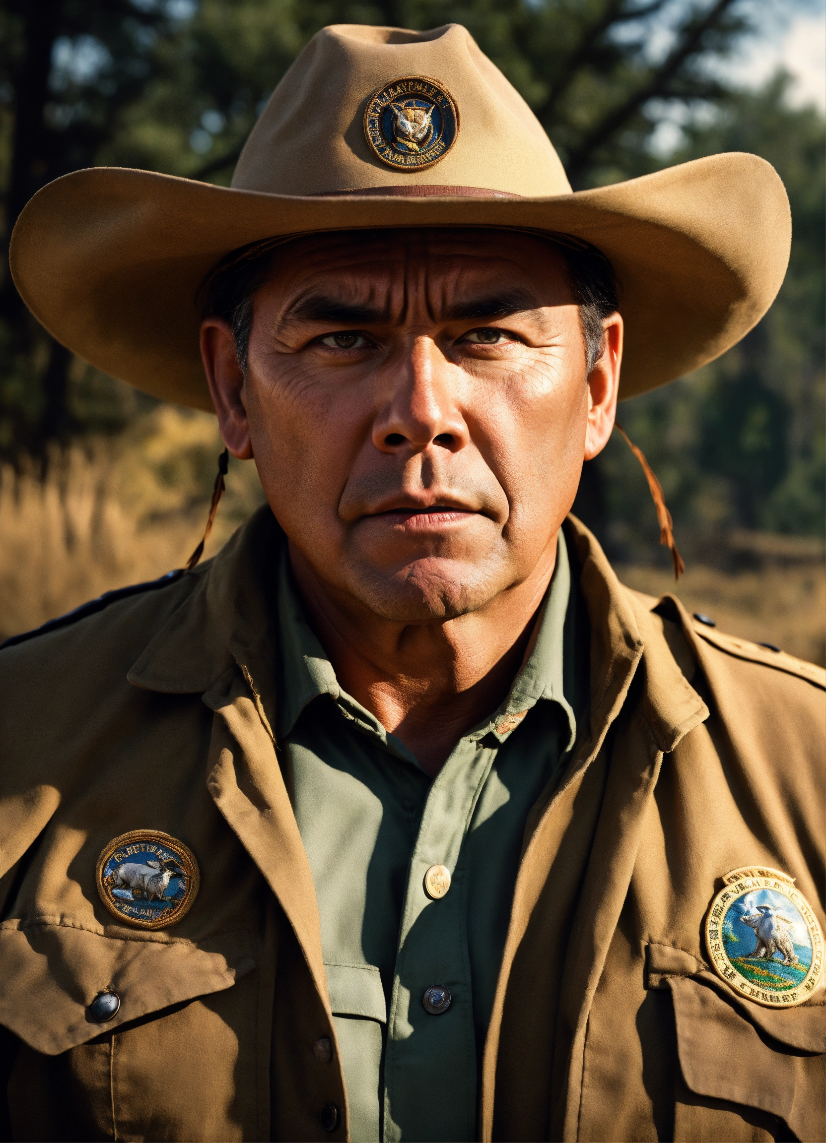 Lexica - Portrait of an native american park ranger man scared ...