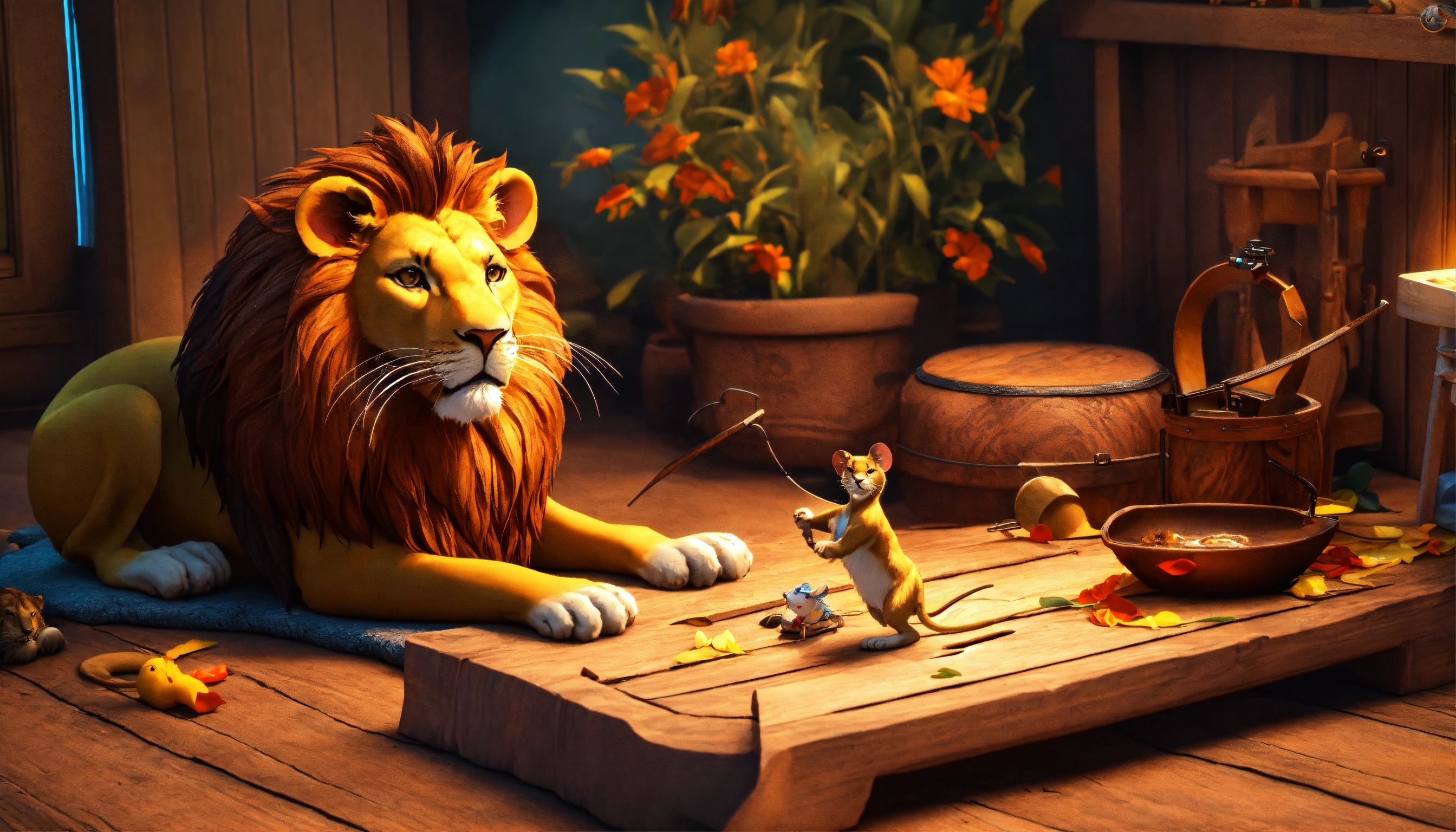 Lexica - "Show the mouse cleverly freeing the lion from a hunter's trap ...