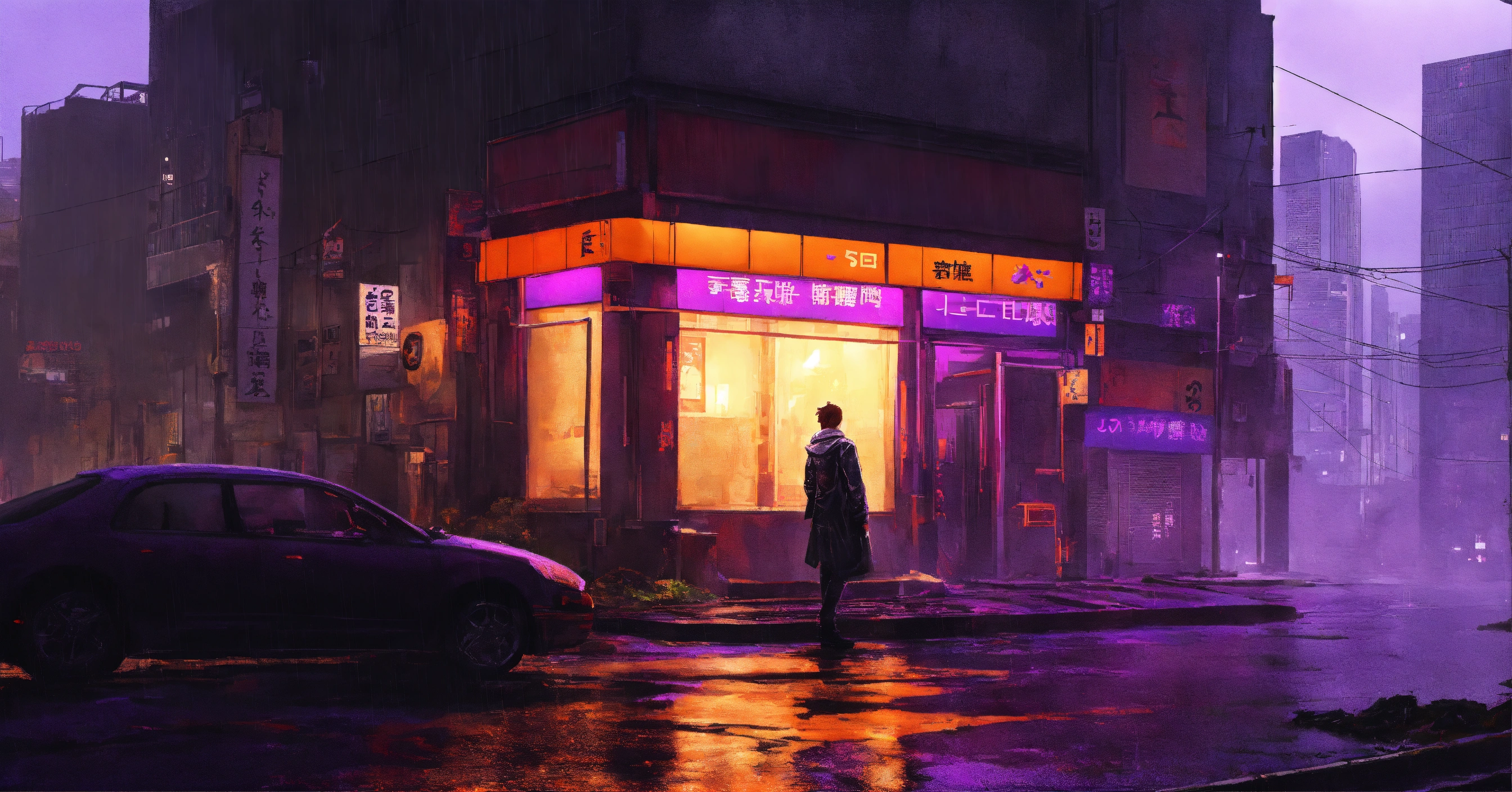Lexica - Tokyo, post-apocalyptic, rainy mood, purple, orange, one men ...