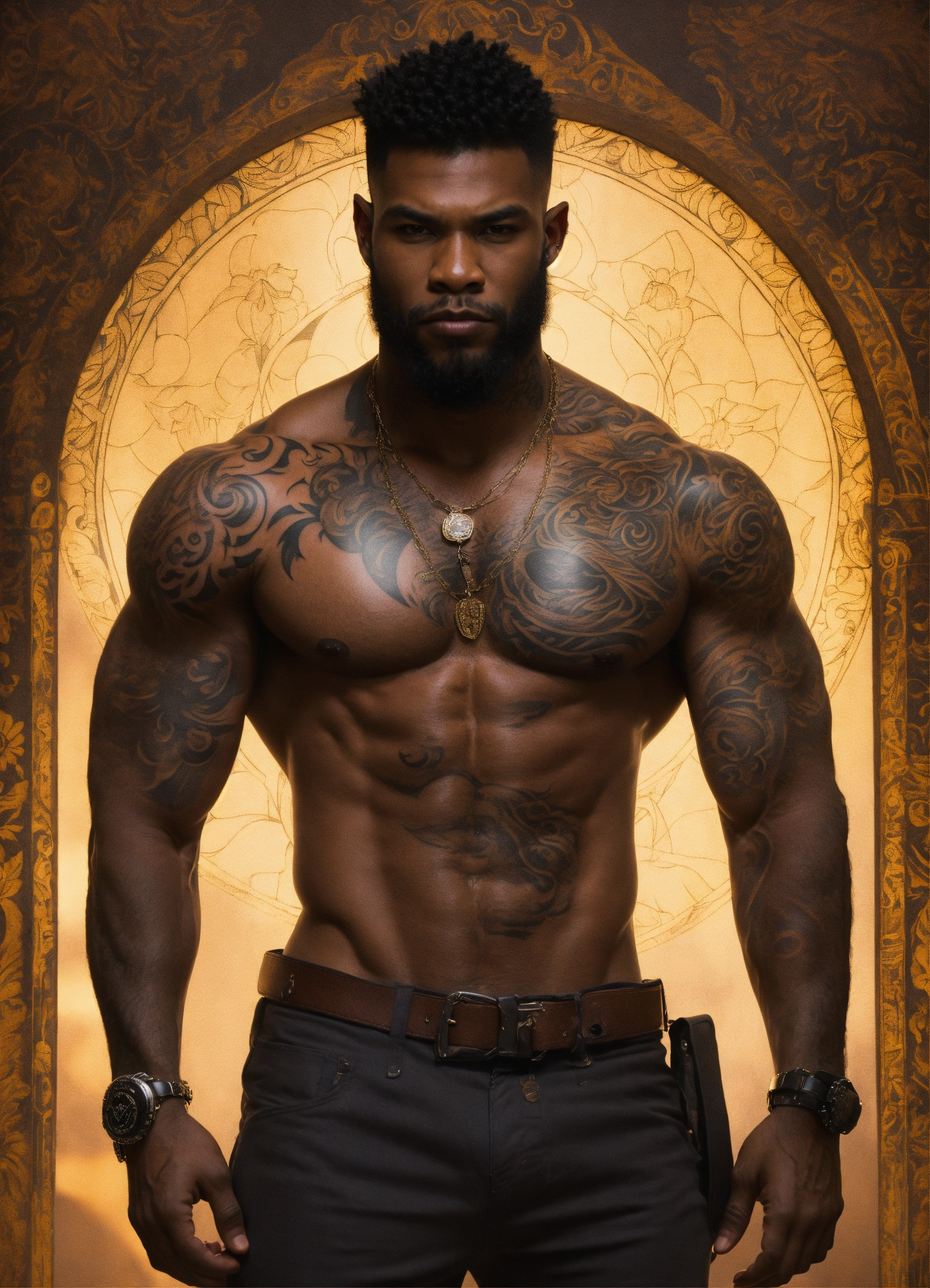 Lexica - Handsome black male, werewolf, pointy ears, tattoos chest and ...