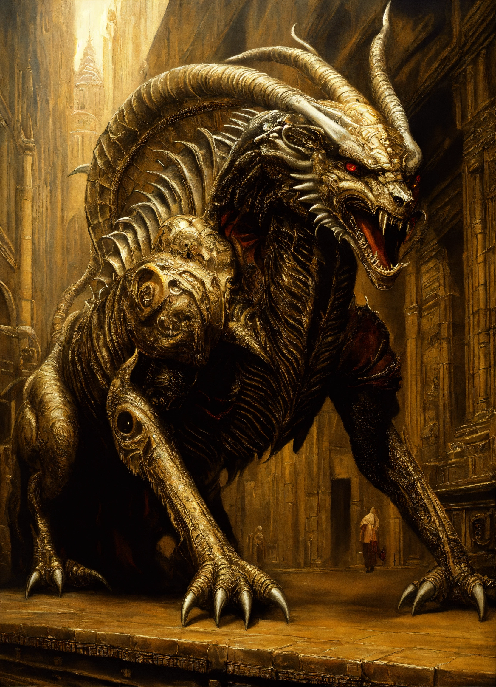 Lexica - An oil painting by H.R. Giger of a terrifying chimera, the ...