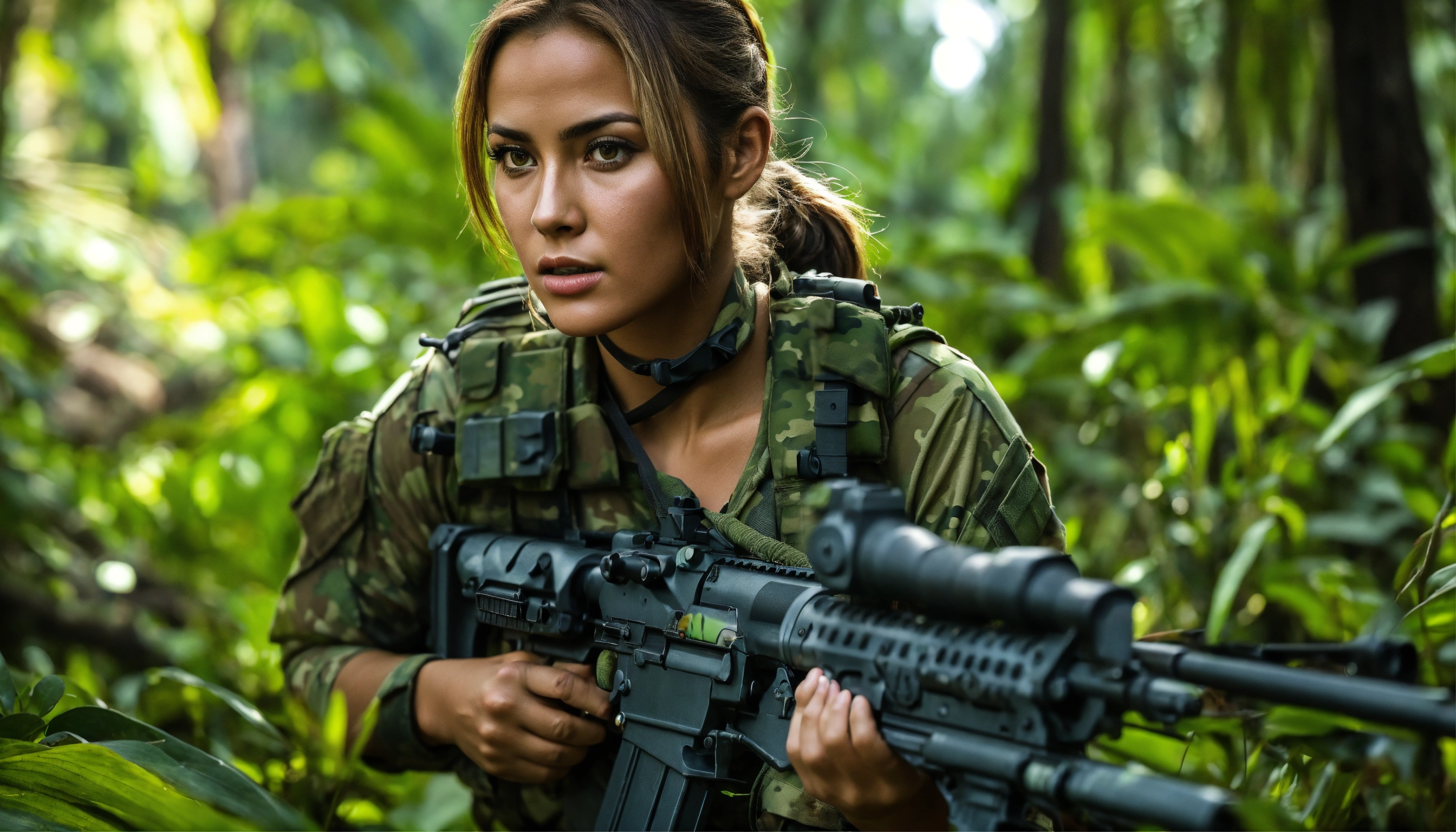 Lexica - Female commandos in jungle, perfect face, full camouflage, HDR ...