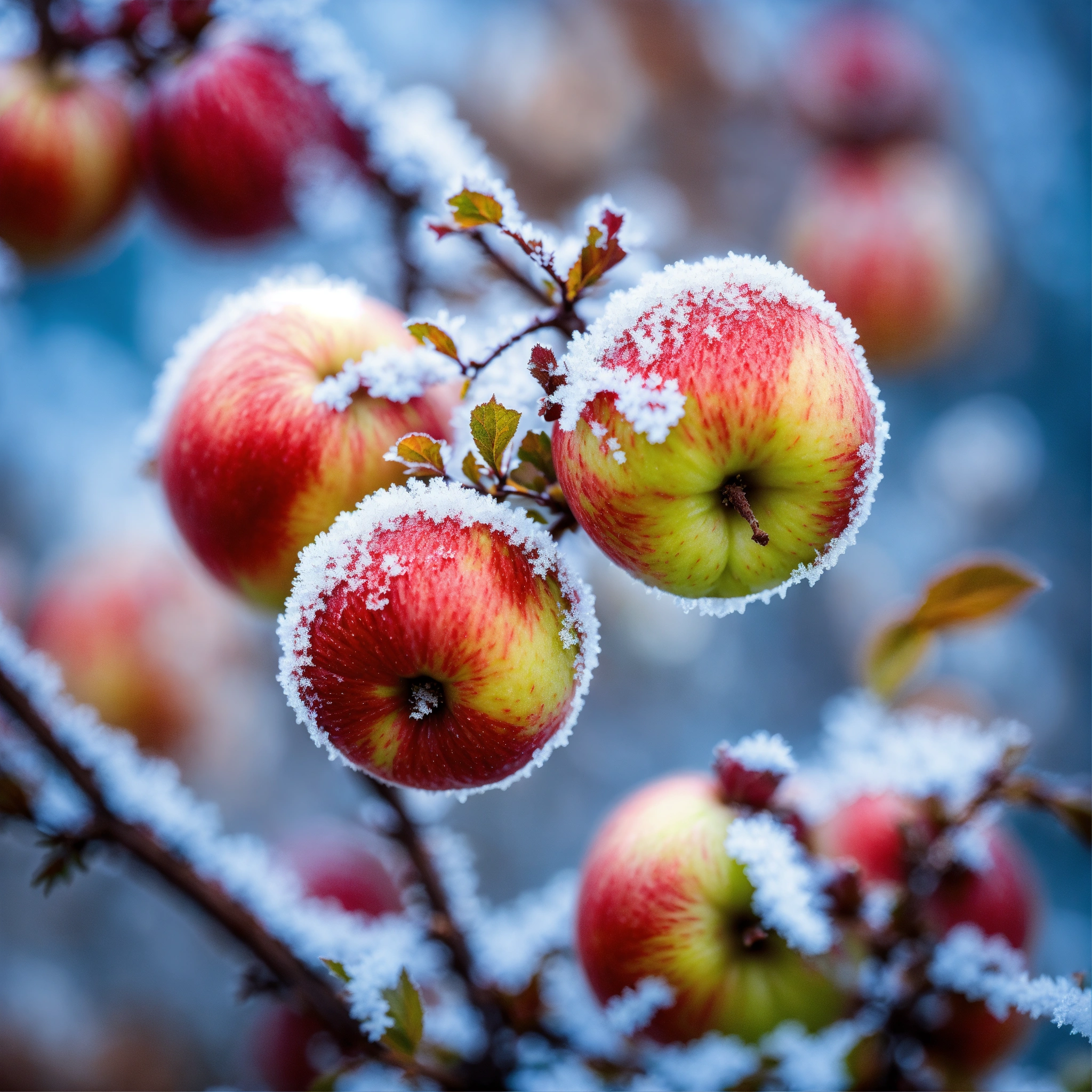 Lexica - Frost on plants and branches of apple tree with frozen apples ...