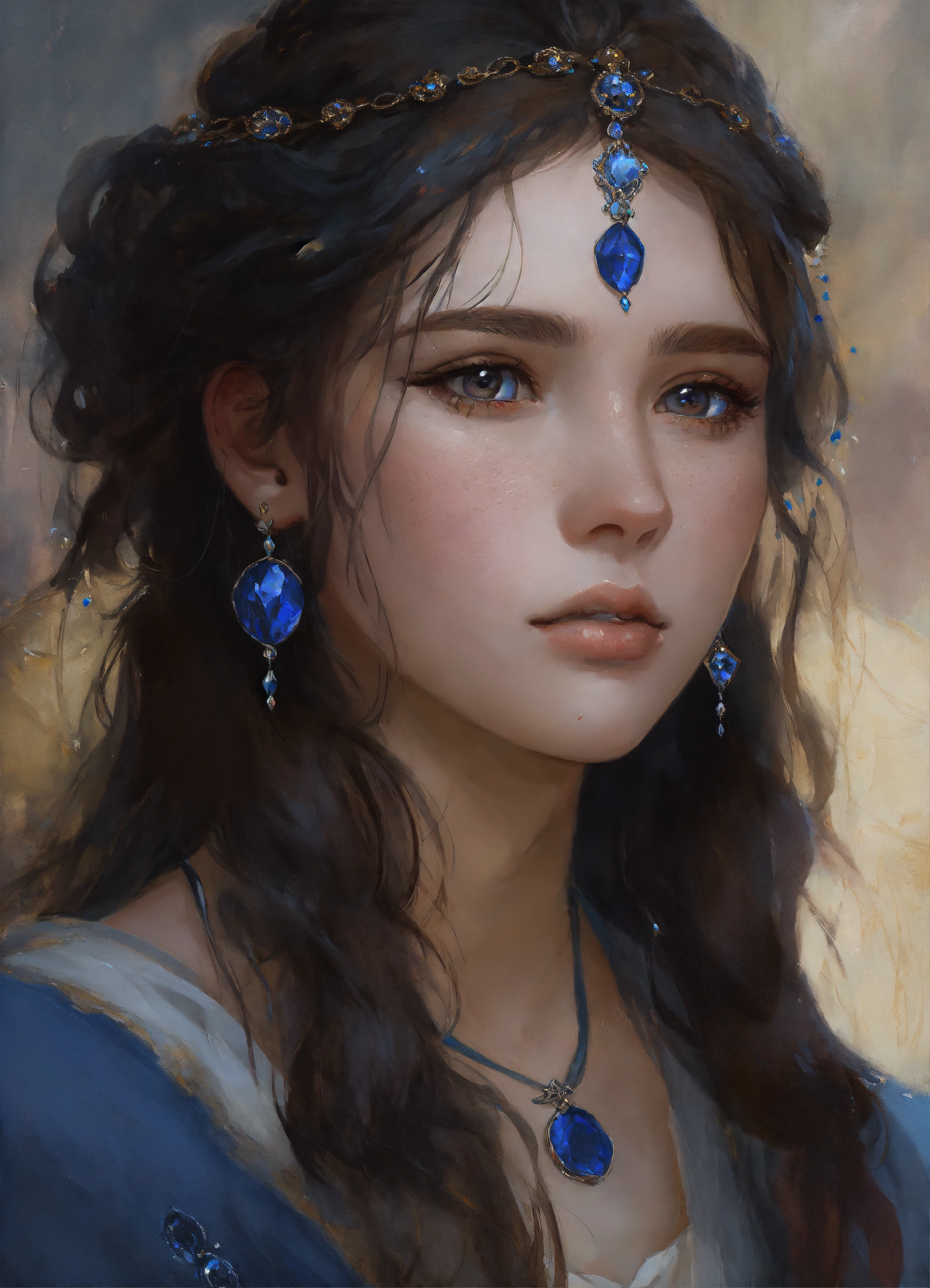 Lexica - Young peasant girl, with sapphire studs, dark long styled ...