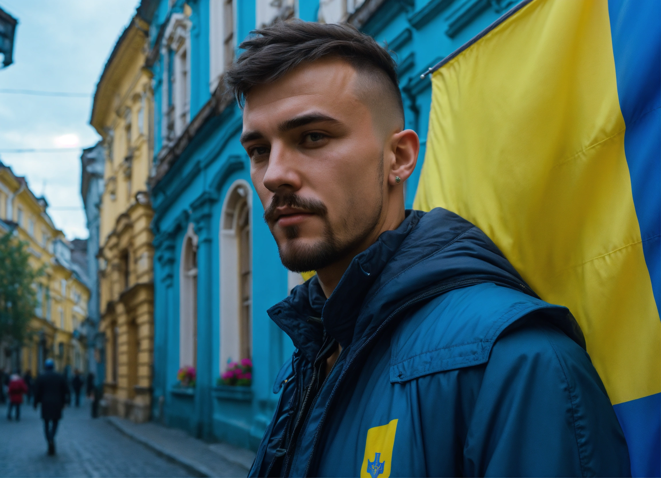 Lexica - Cyberpunk сute man with Ukraine Flag, on street Lviv, without ...