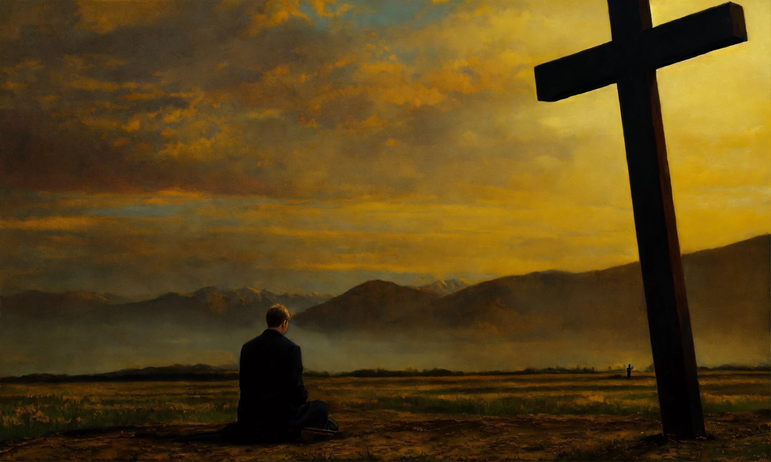 Lexica - Oil painting of a man praying in front of a wooden cross