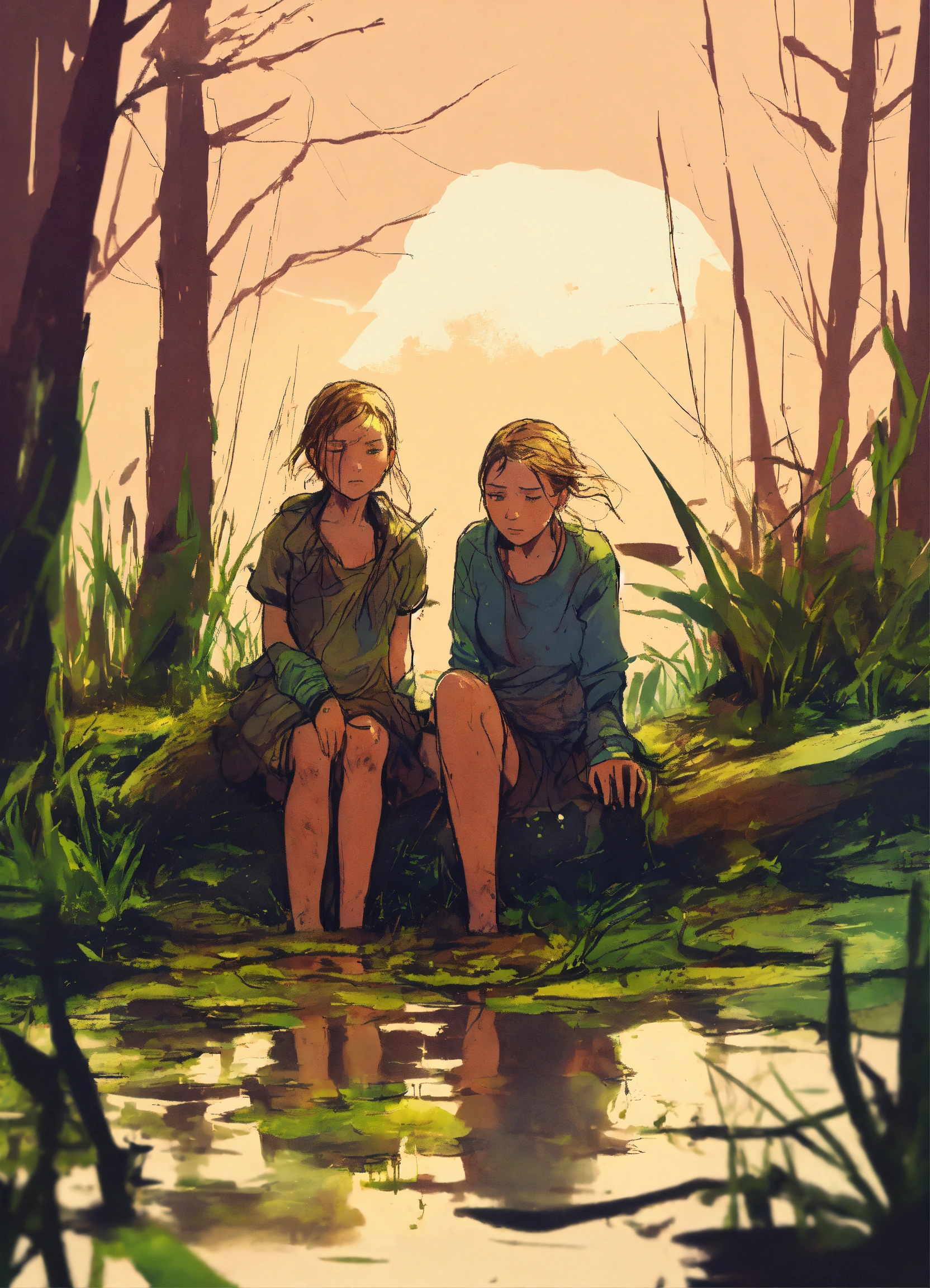 Lexica - Coloured sketch art style, 2girls, exhausted ,girl covered in ...