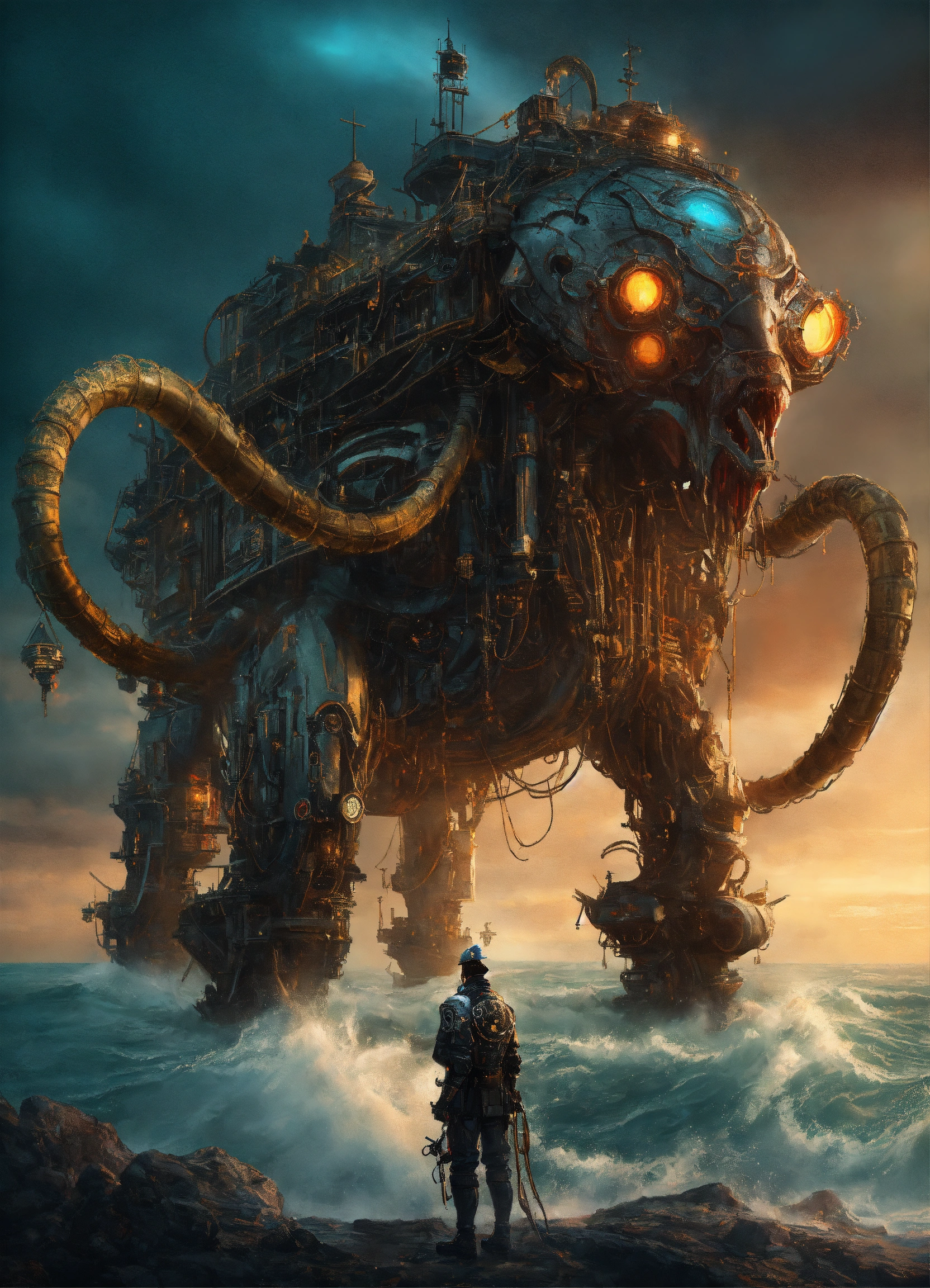 Lexica - An artwork of an enormous cyborg creature, in the style of ...