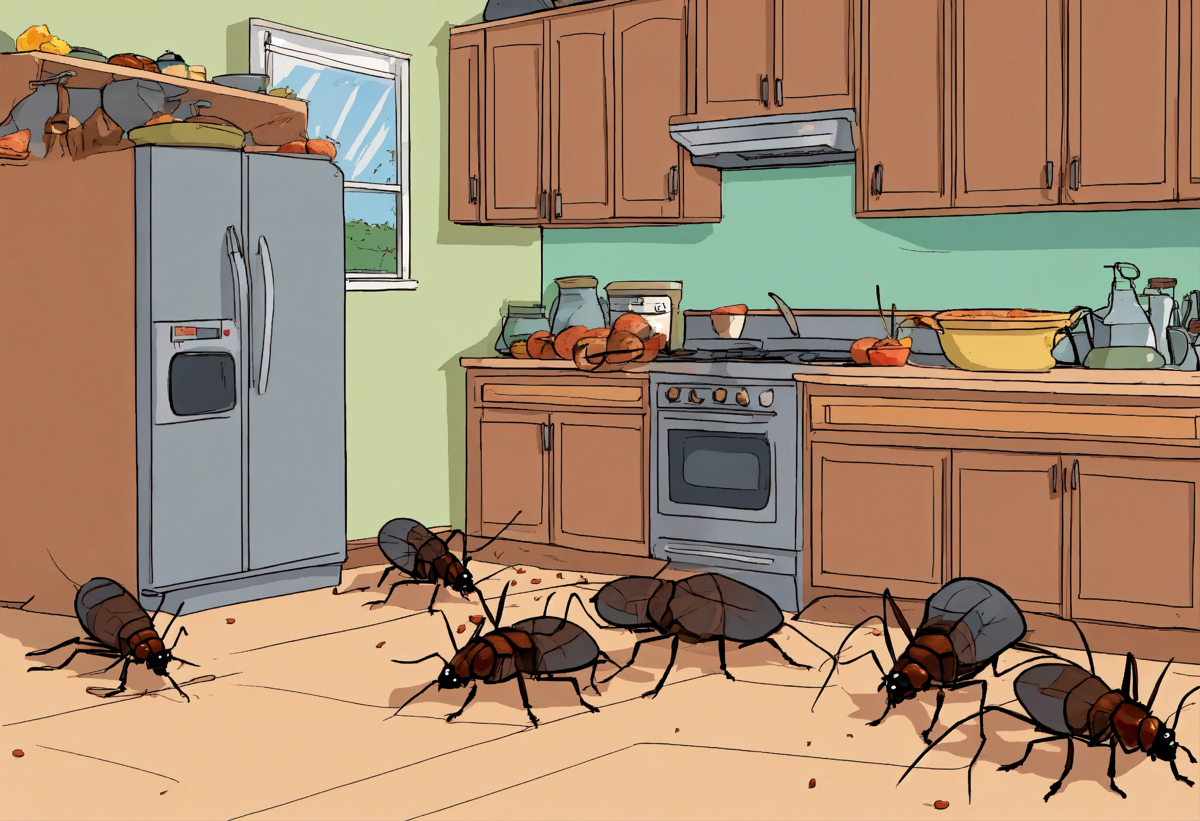 Lexica - 4 cockroaches scurrying around in a kitchen, causing chaos ...