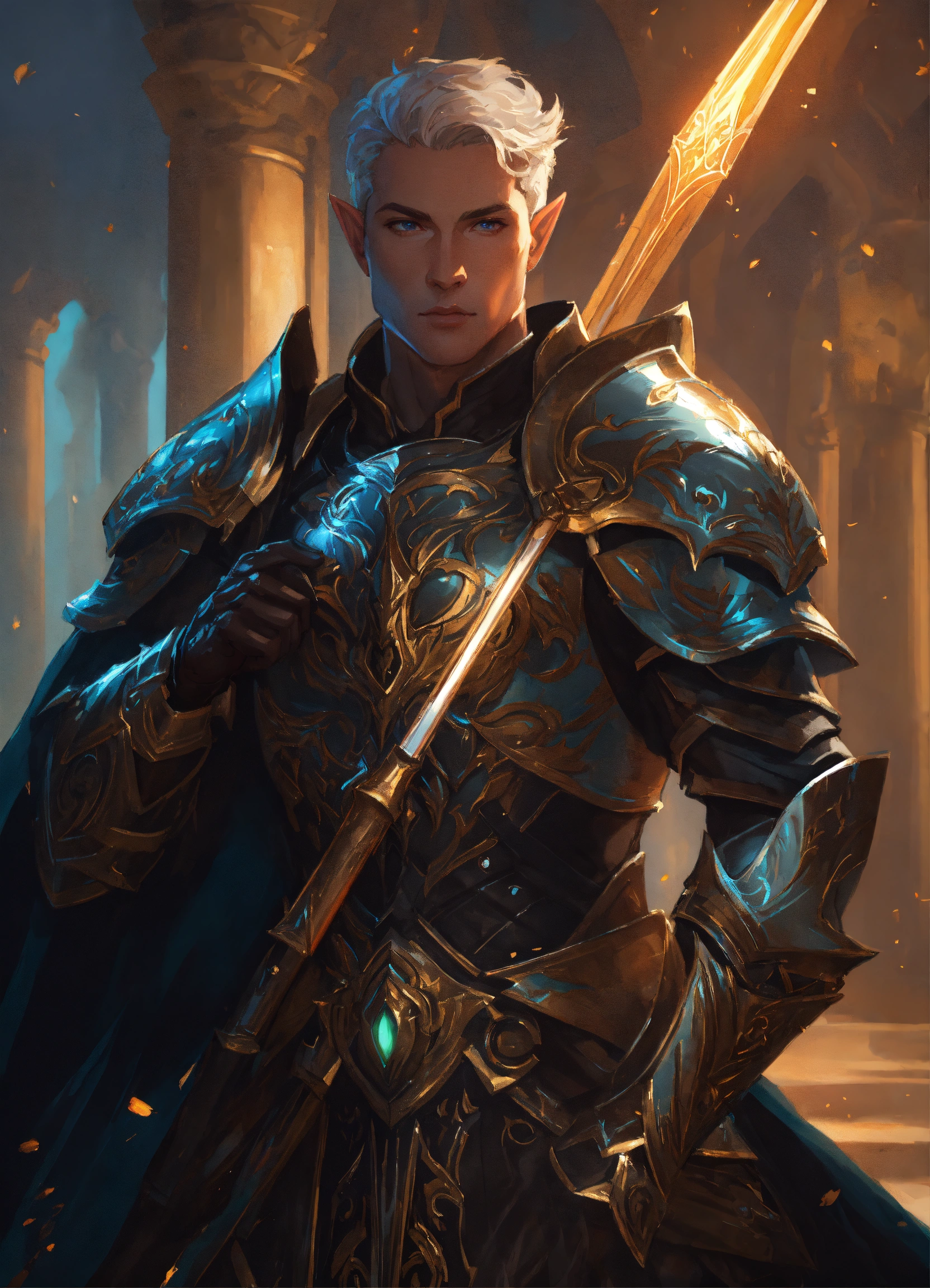 Lexica - Male elf paladin in heavy magical black armor holding a ...