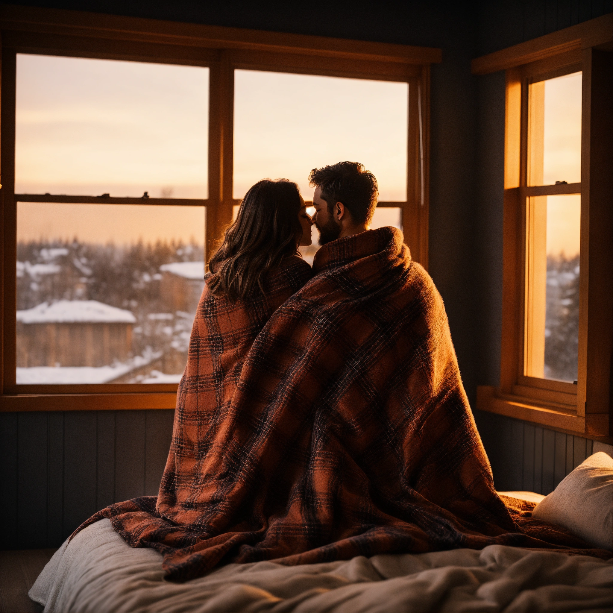 Lexica - Rear view of couple wrapped in blanket looking out window ...