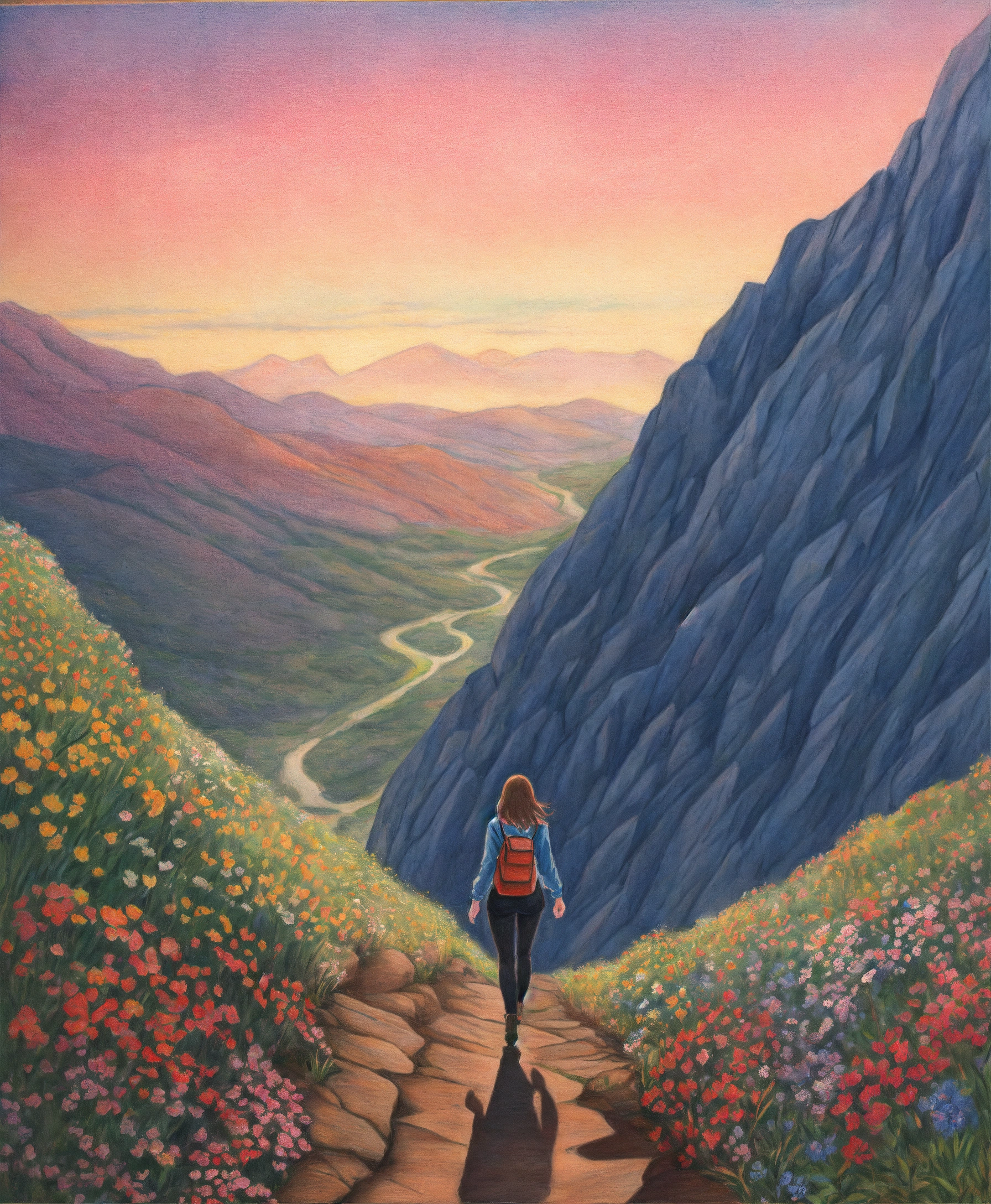 Lexica - Colored pencil drawing of a woman silhouette climbing a huge ...