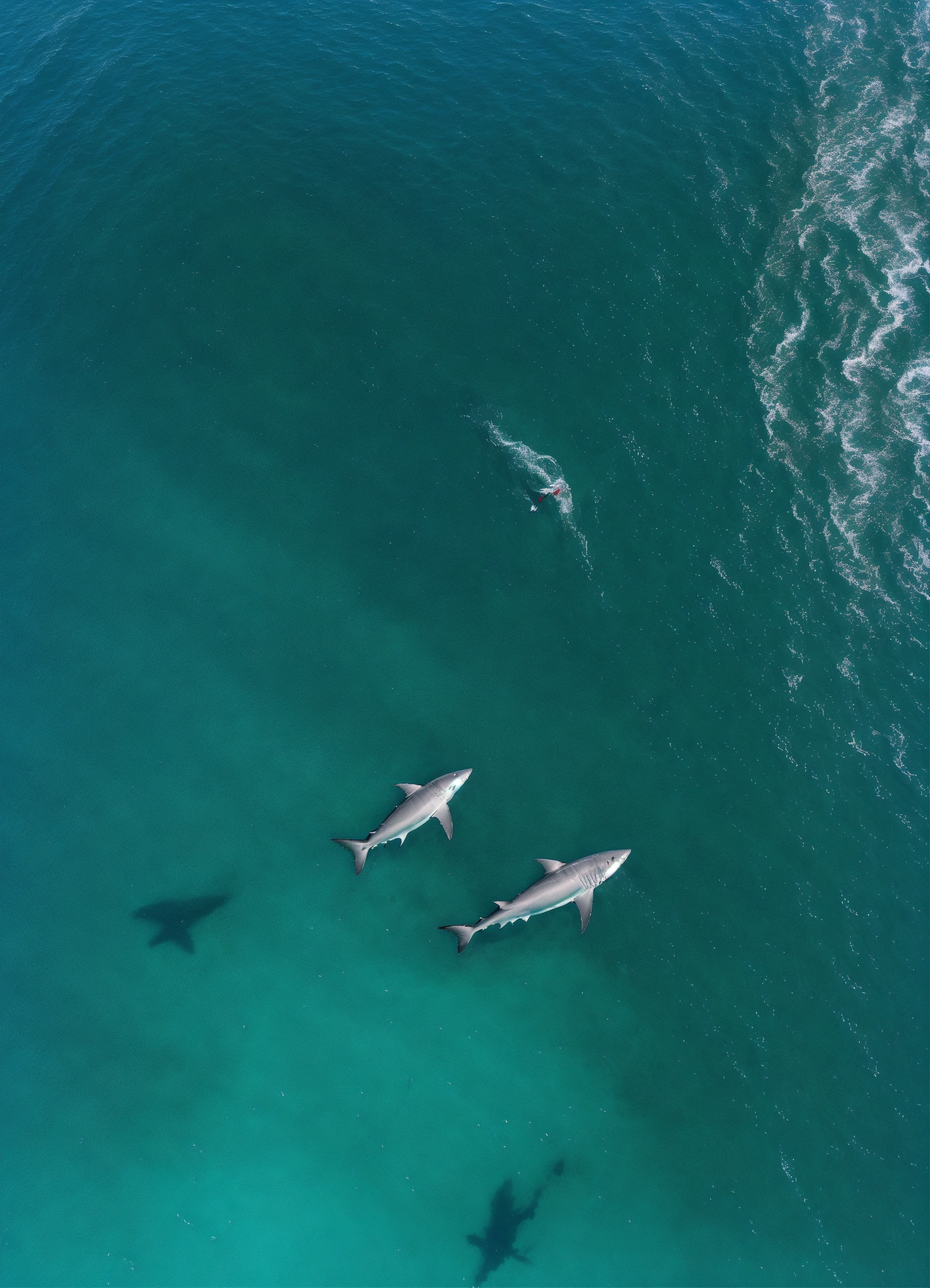 Lexica - Overhead drone footage, great white sharks in the ocean, Nikon D850, RAW photo, 8k uhd ...