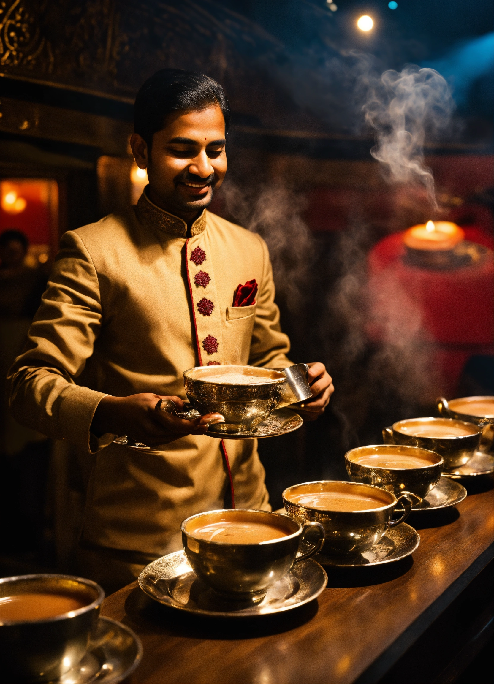 Lexica - Skilled indian server pouring Chai tea from one cup to another ...