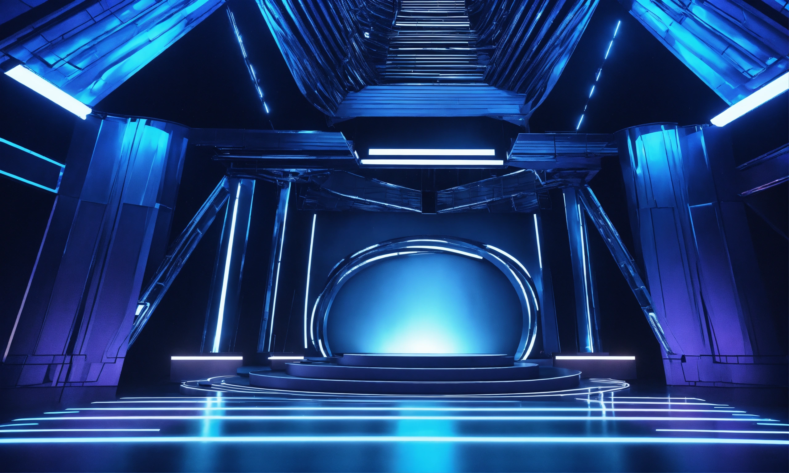 Lexica - Futuristic fashion show stage background blue color and metal