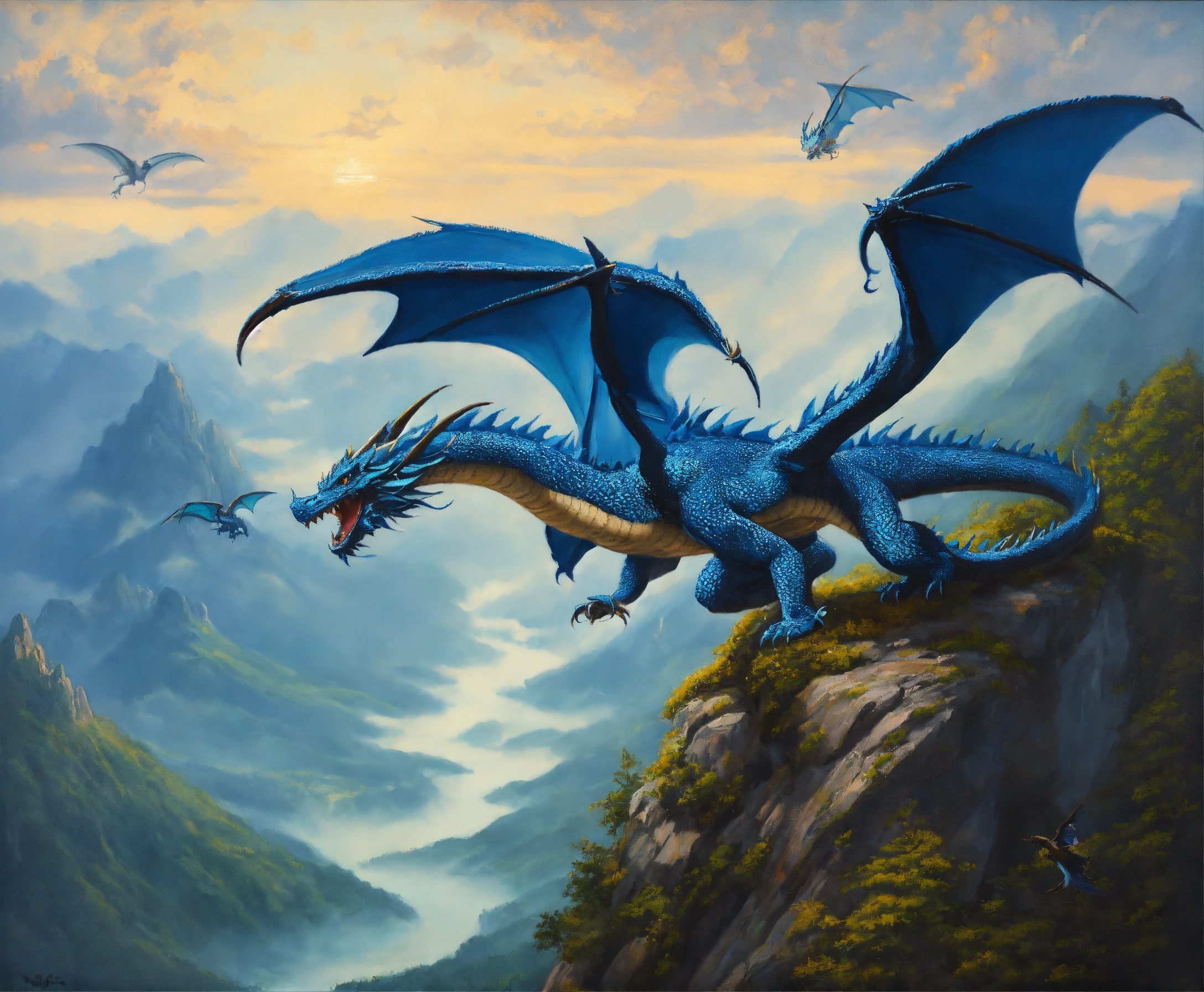 Lexica - Oil painting of two blue dragons fly in a nosedive through the ...