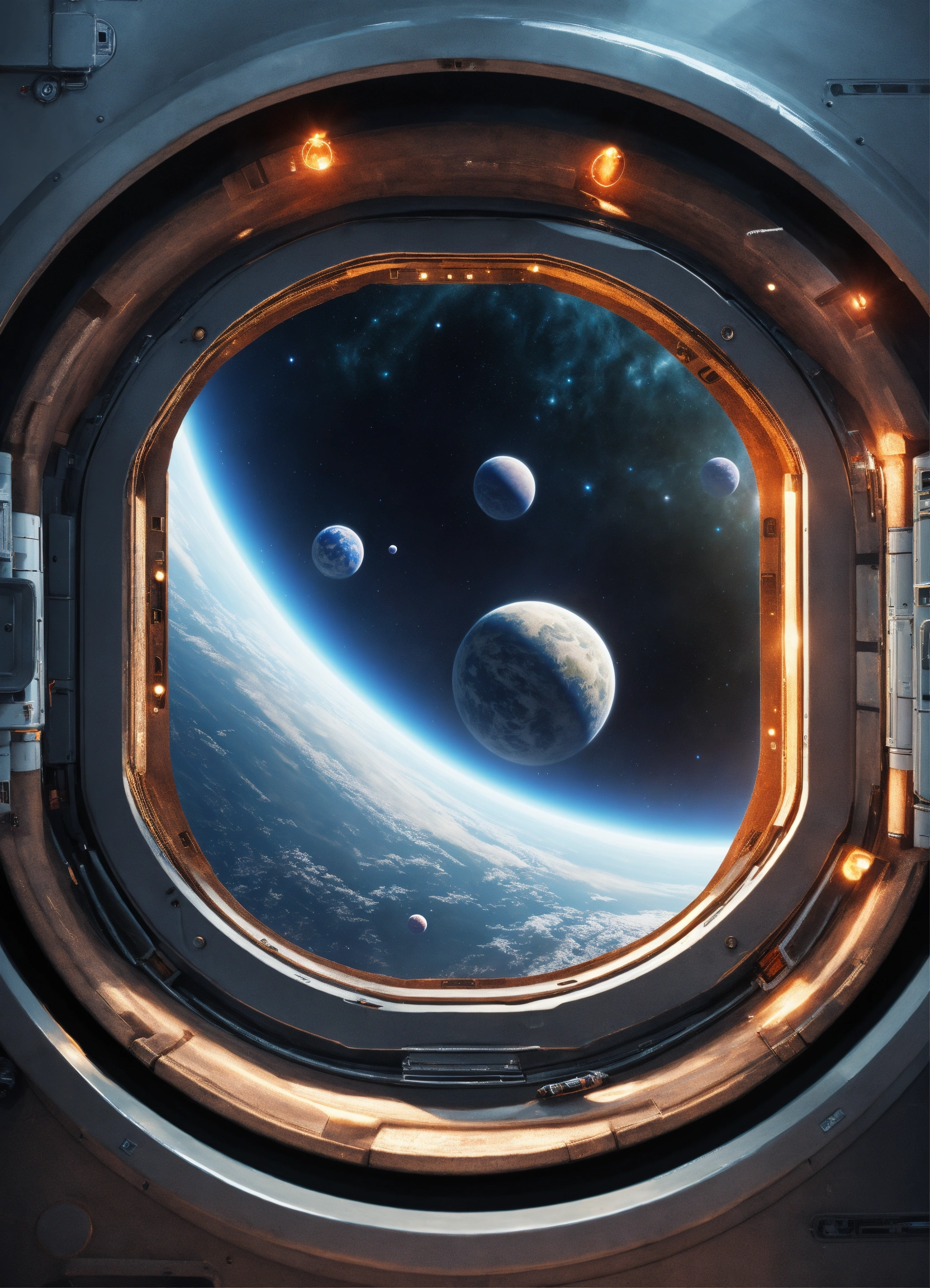 Lexica - Ultra-modern spaceship, porthole, space planet. Realism