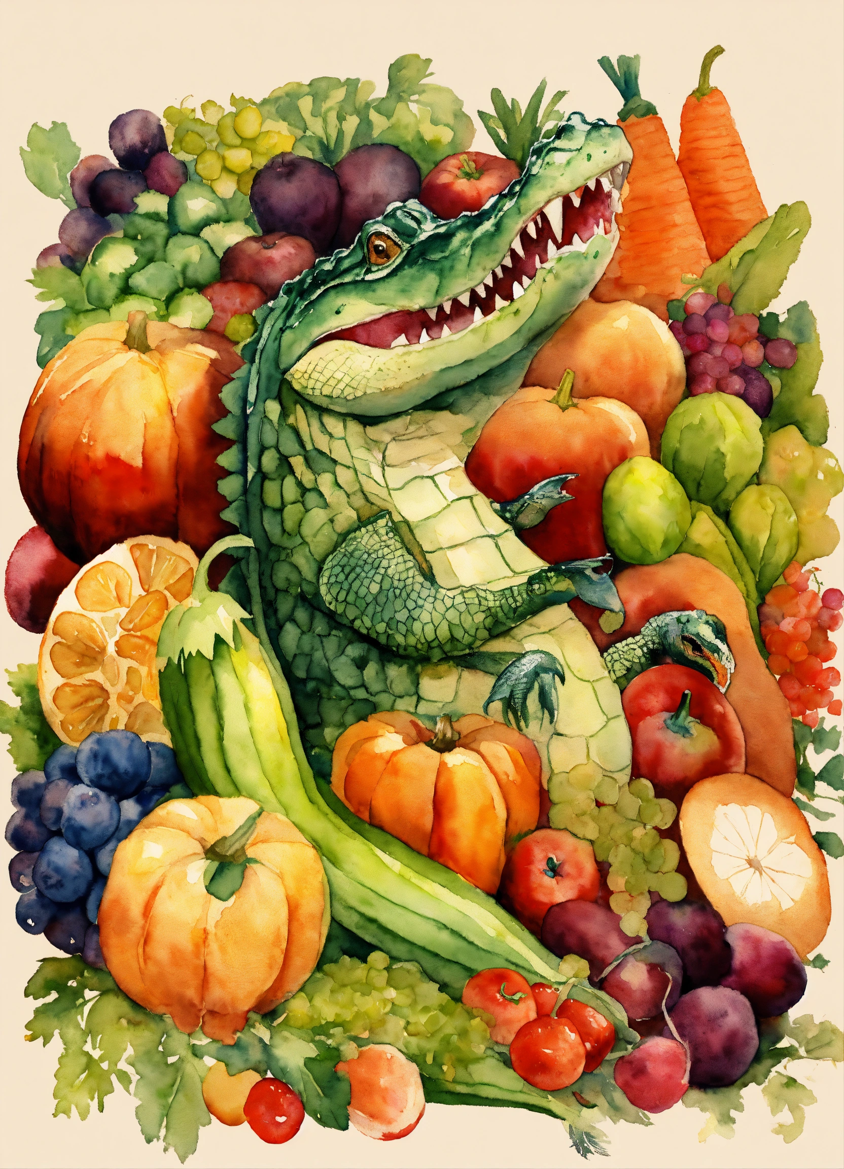 Lexica - Watercolor picture of an alligator surrounded by fruits and ...