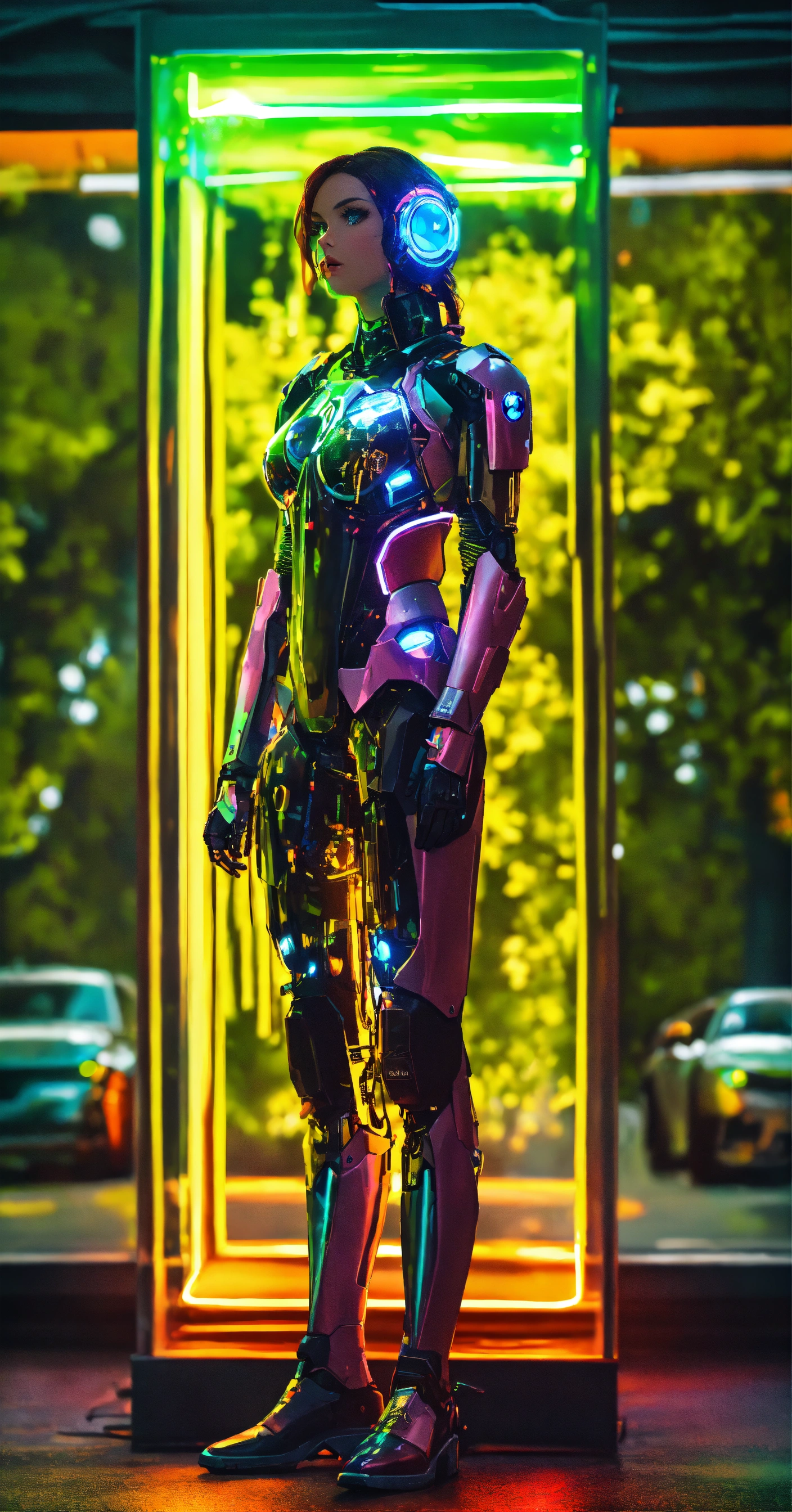 Lexica - Beautiful female cyborg in a neon smoke dress stuck in a glass ...