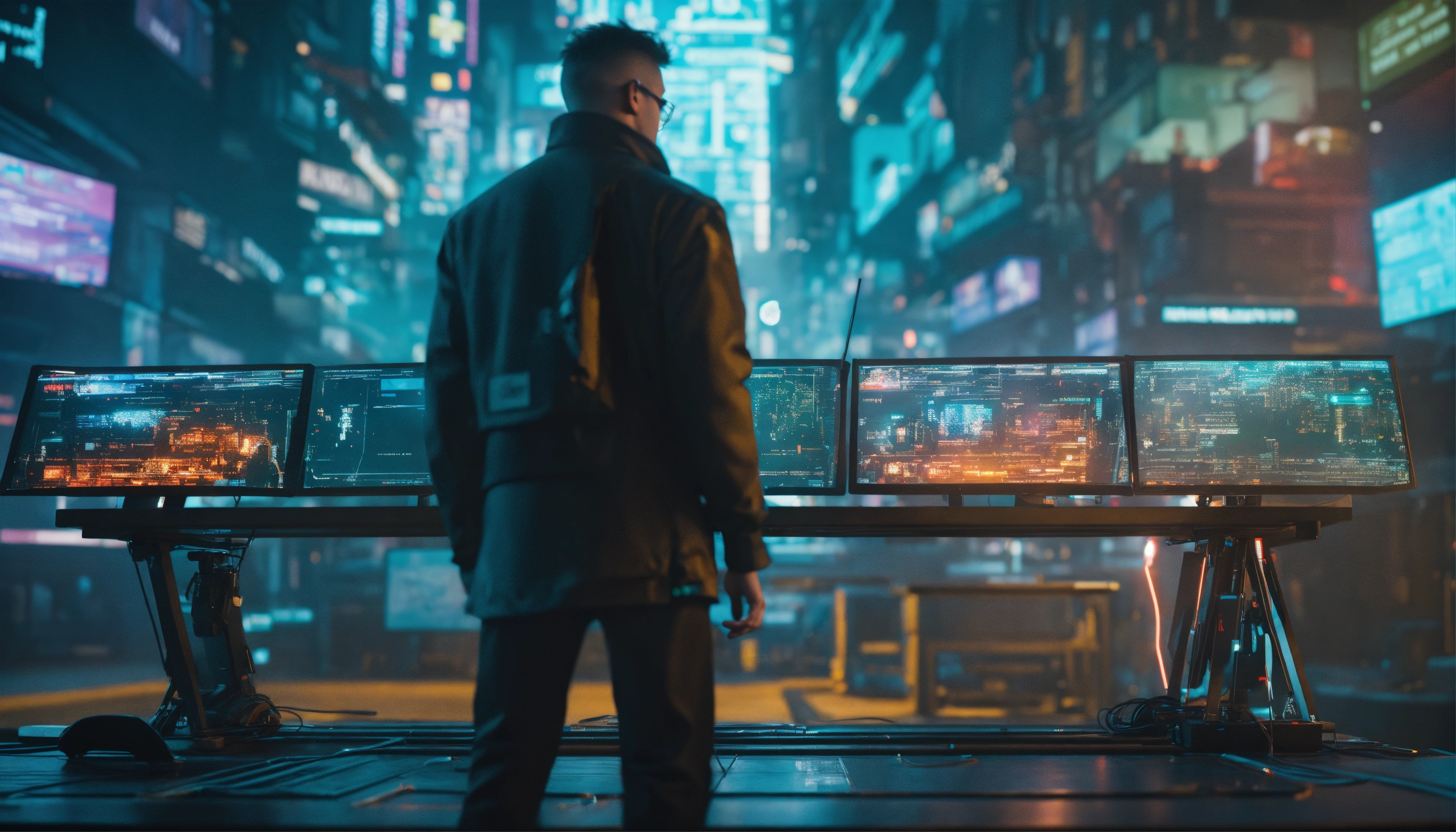 Lexica - Man standing behind the cyber-table, front view, focus ...