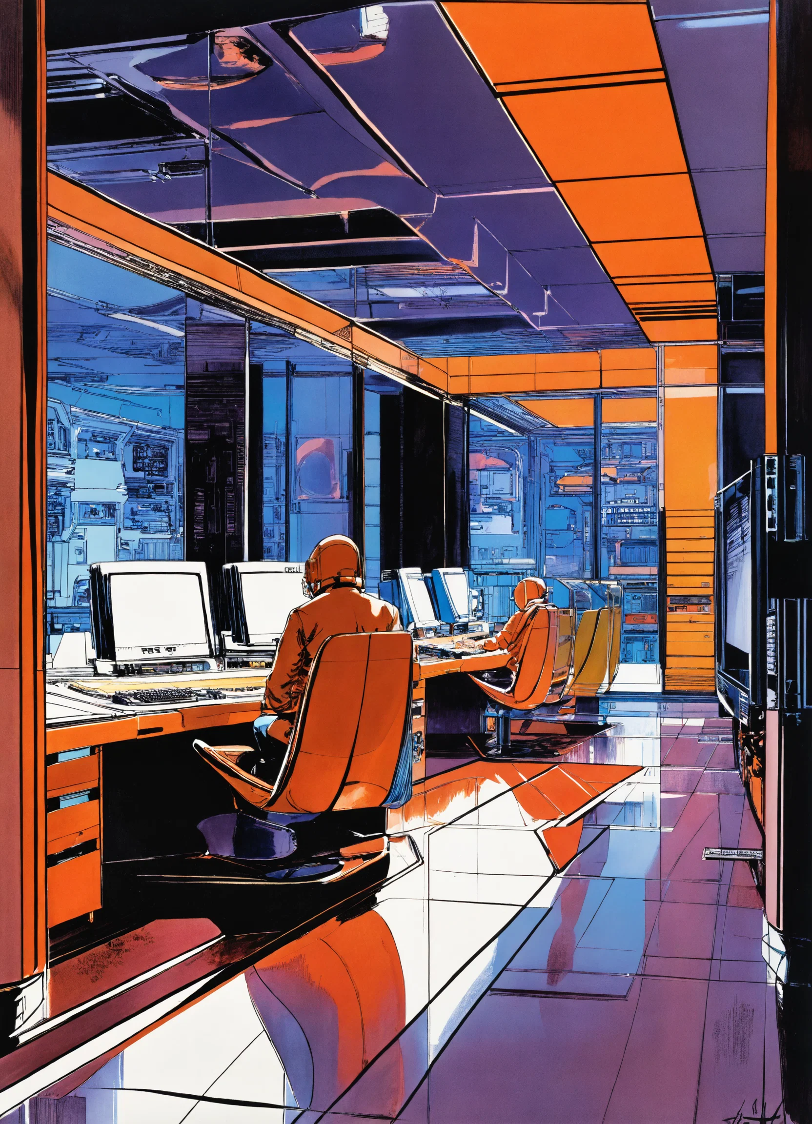 Lexica - A computer room designed by Syd Mead, pen illustration, colored