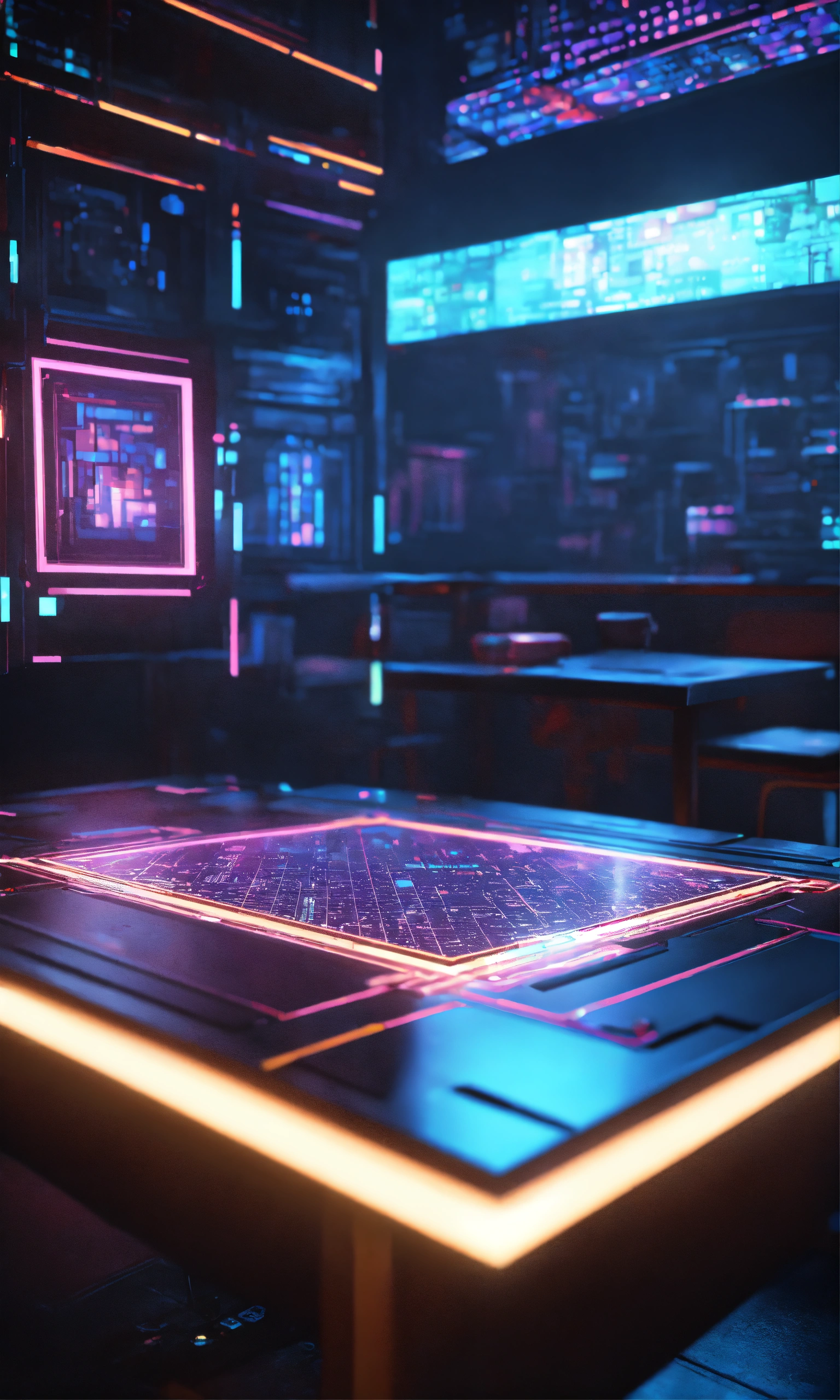 Lexica - Hologram of pixel squares above the cybernetic table ...