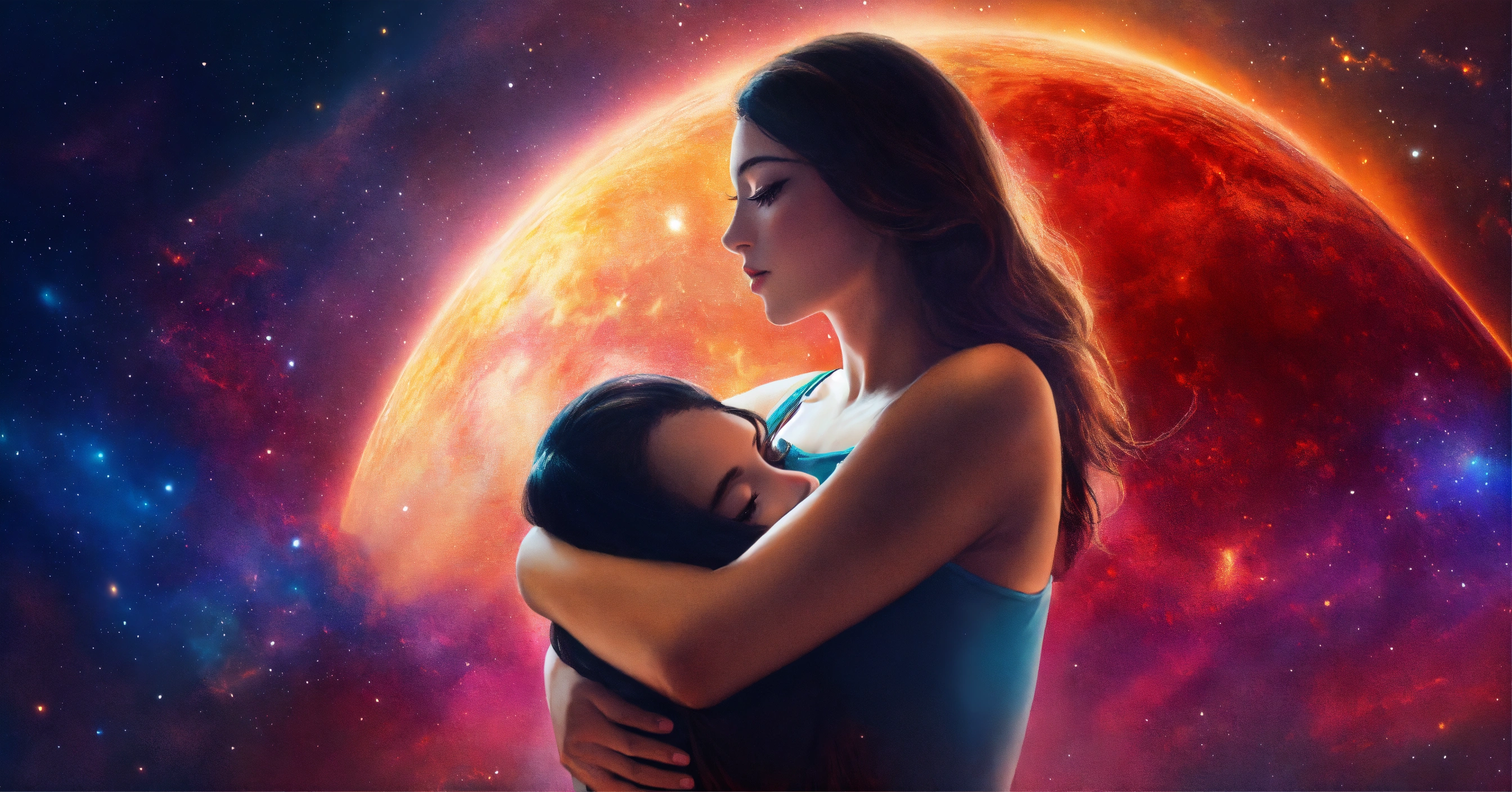 Lexica - Woman, hugging herself, self love, universe in background, 4k ...