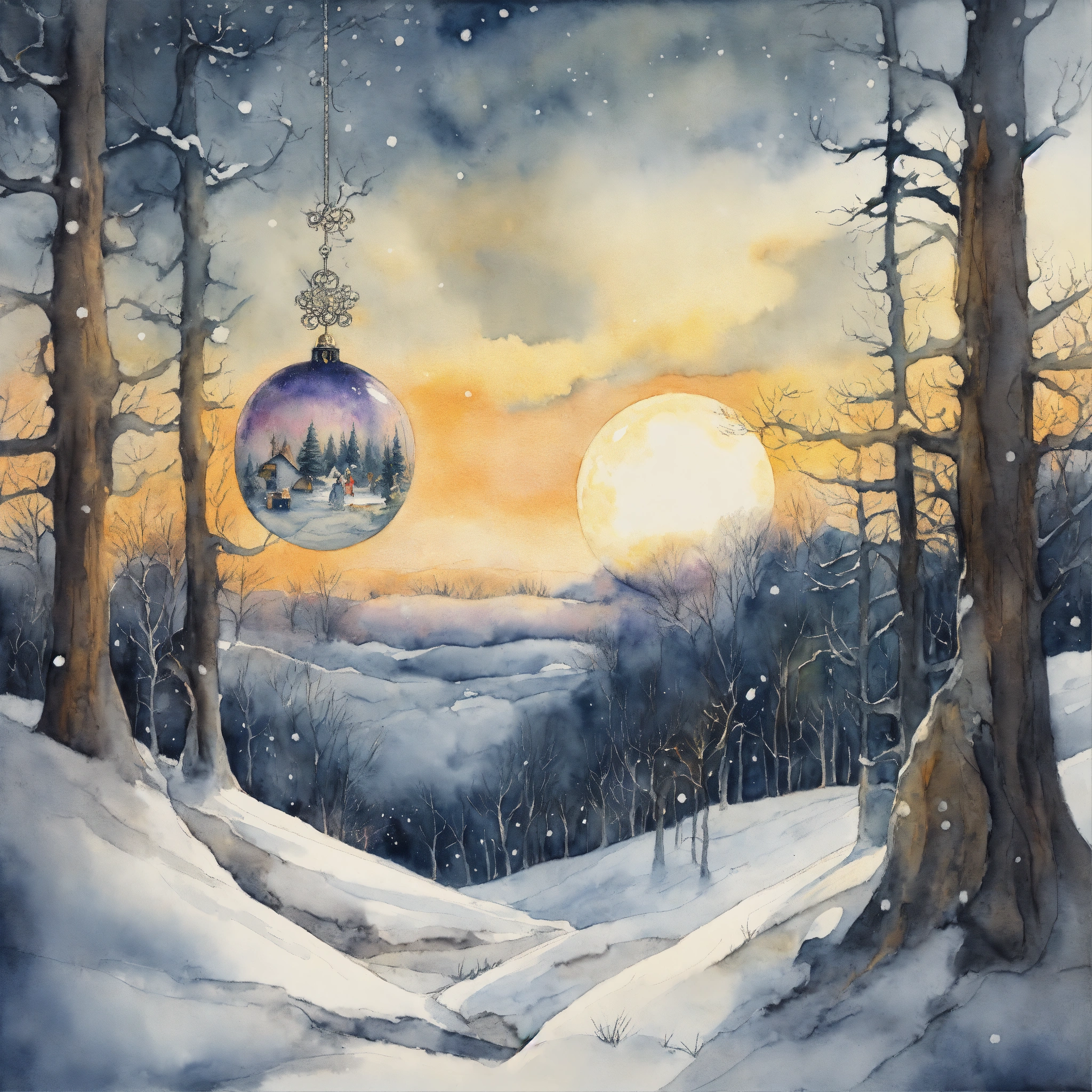 Lexica - Watercolor painting of silver Christmas baubles dangling from ...