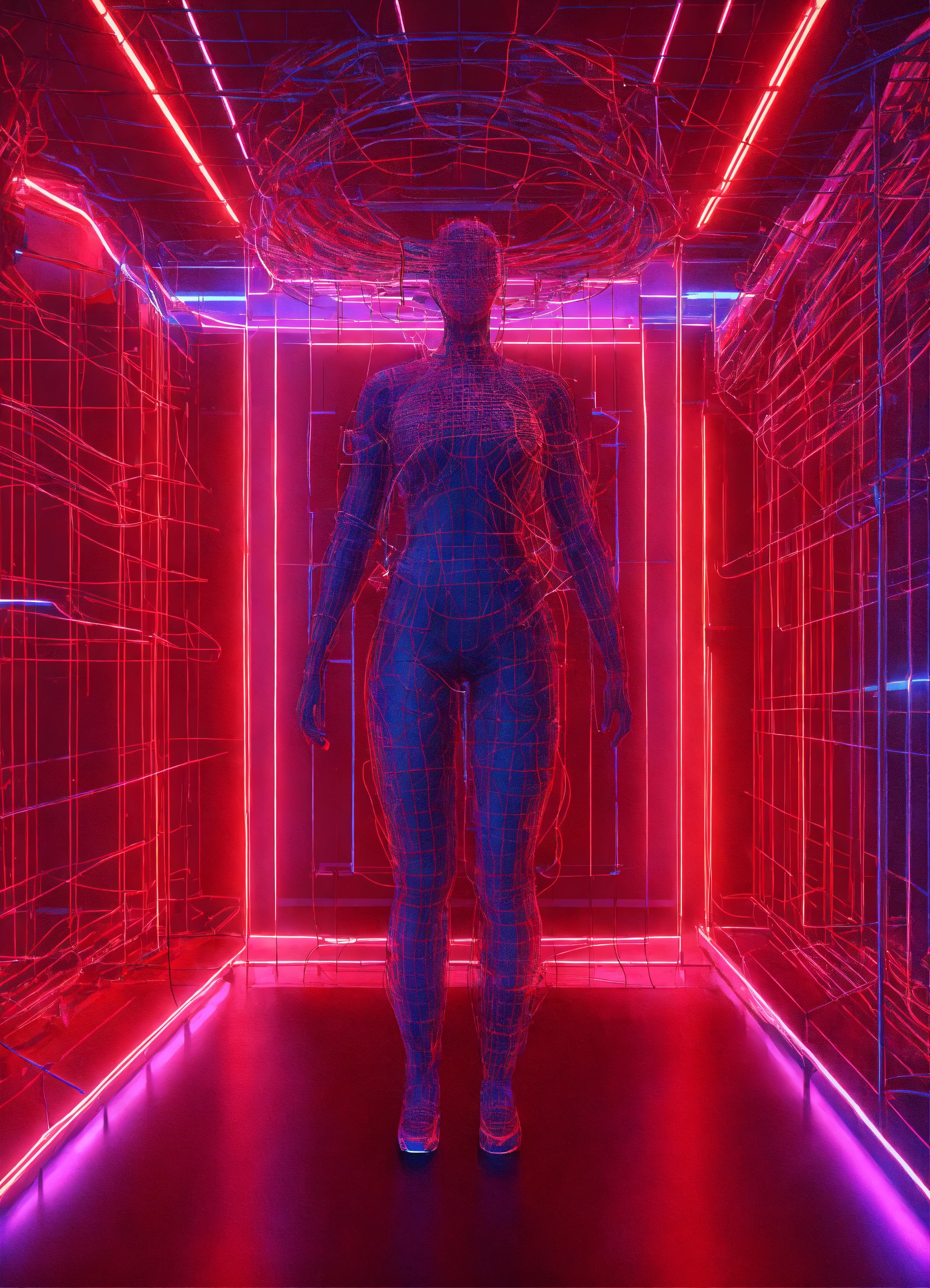 Lexica - Octane renderer + strips of light + red wireframe body + blue wired mind + violet above ...