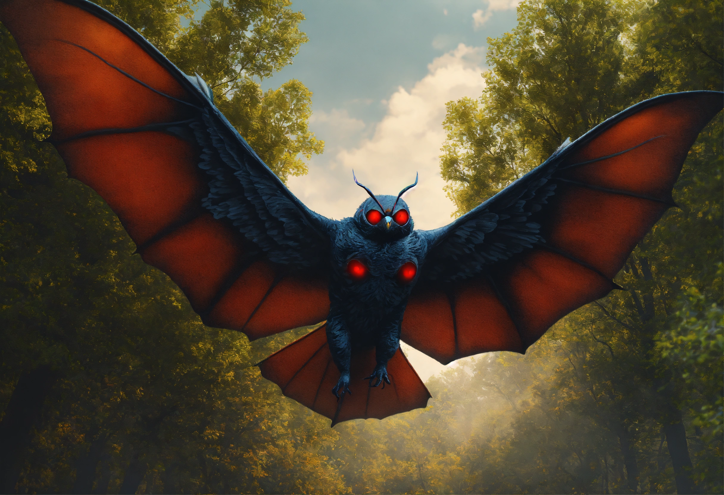 Lexica - Photorealistic mothman flying over trees