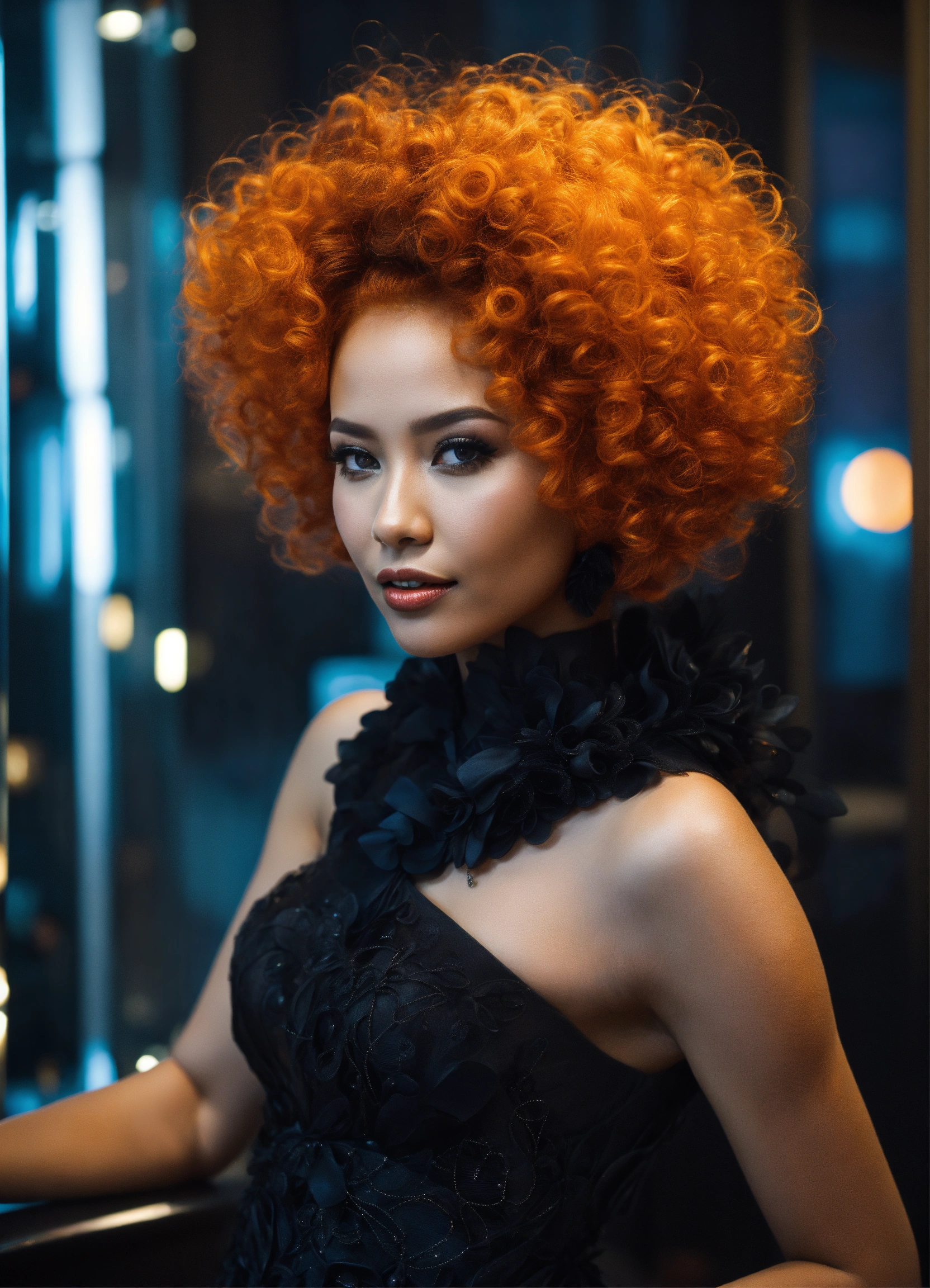 Lexica - Alien female. orange curly hair. face round. very dark black ...