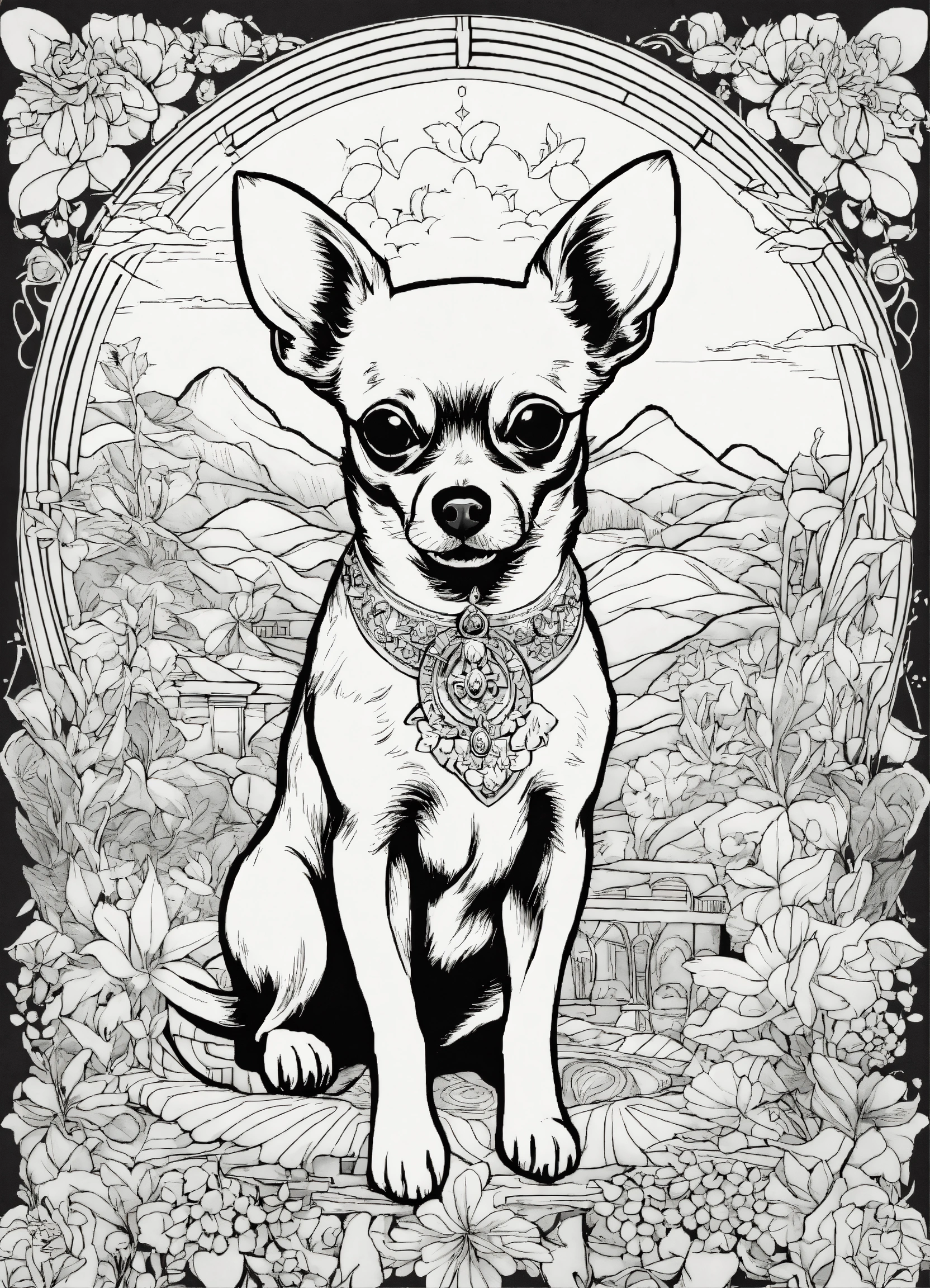 Lexica - Mystical realm with Chihuahua format as coloring book page