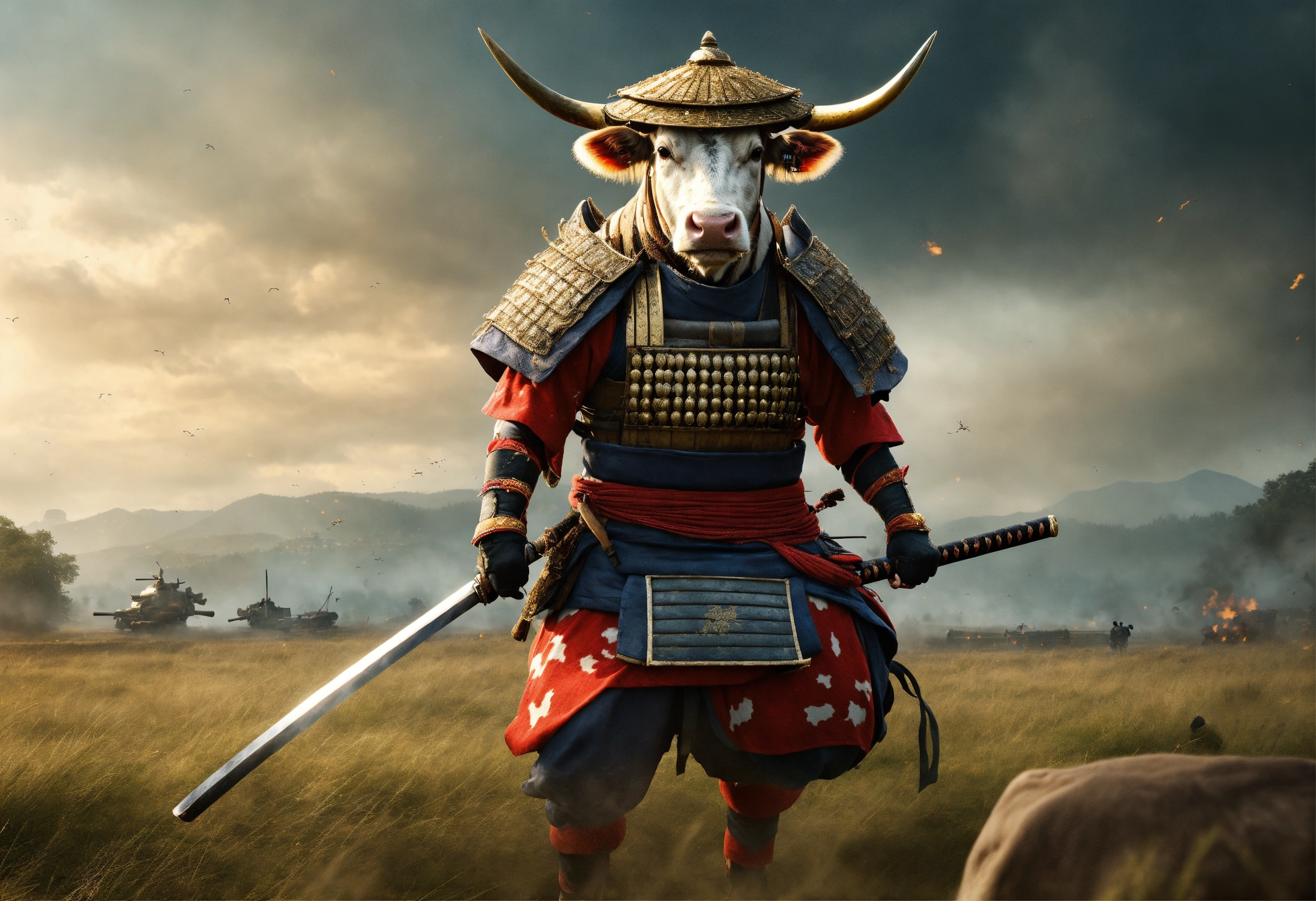 Lexica - Cow samurai. Battlefield. Hyper realistic.