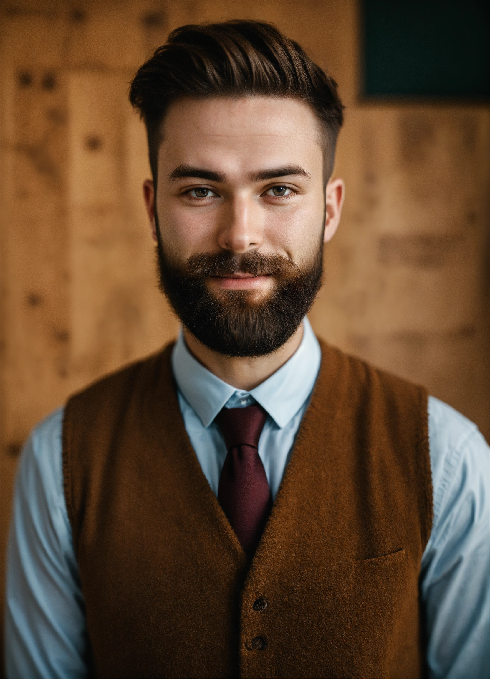 Lexica - Young teacher small beard strait looks without knock smile