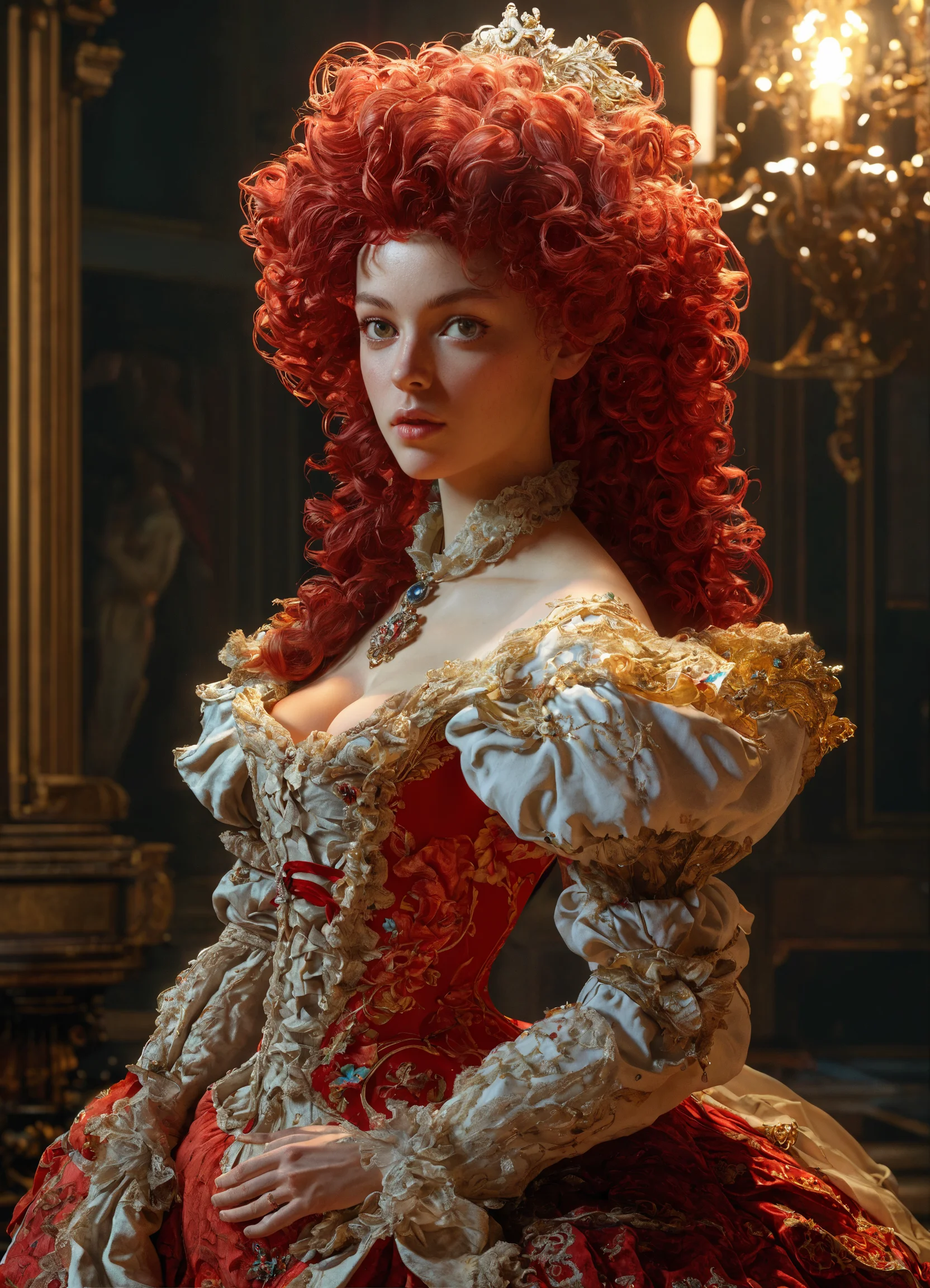 Lexica - "Beautiful Rococo Princess", elaborate gown, massive curly red ...