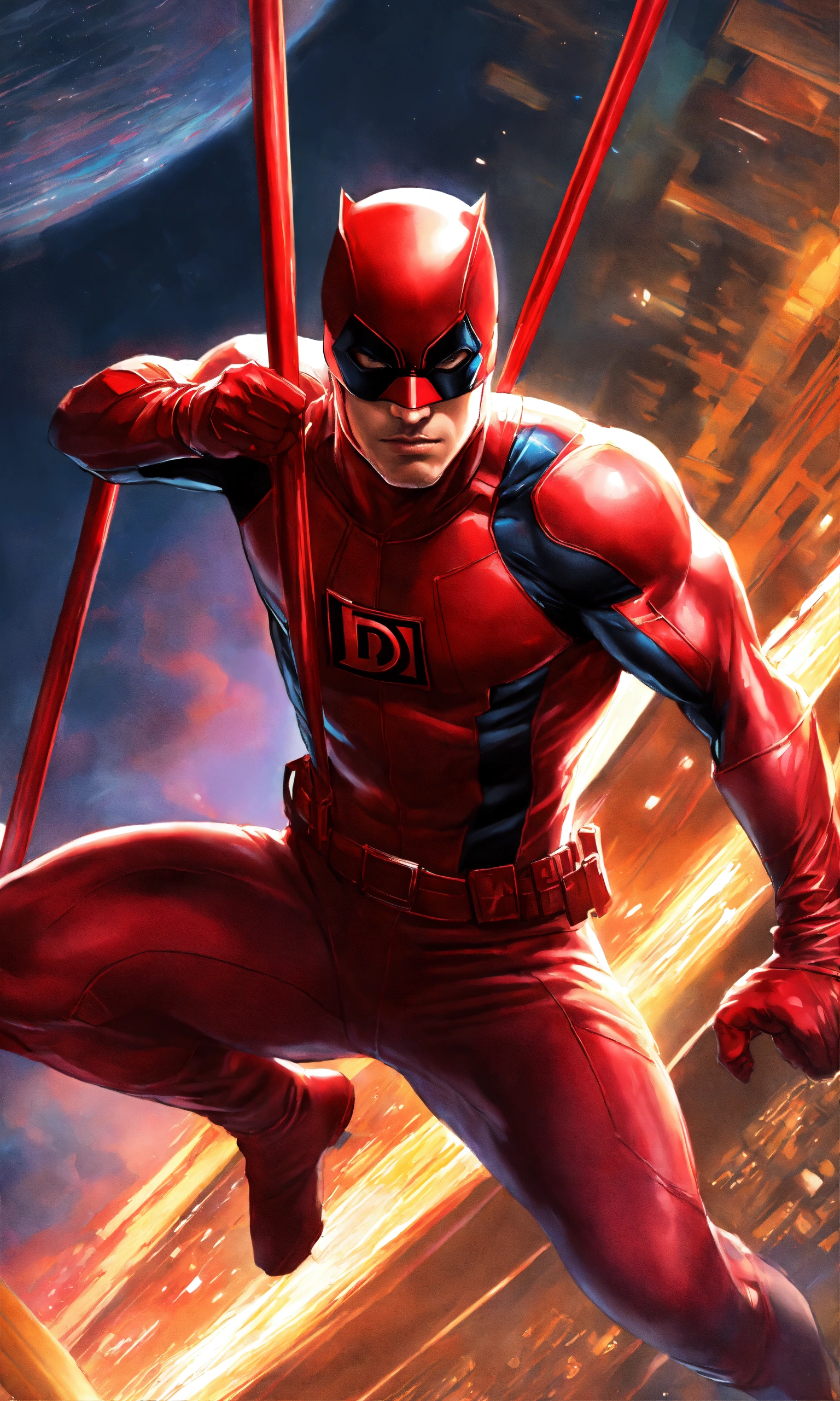 Lexica - Daredevil, flying through night sky, holding red sticks ...