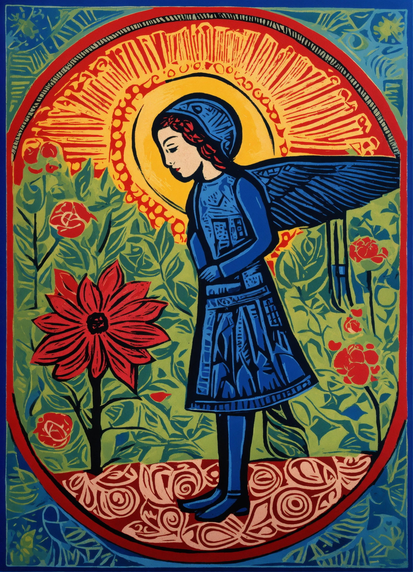 Lexica - Linocut, folk art style inspired by marc chagall