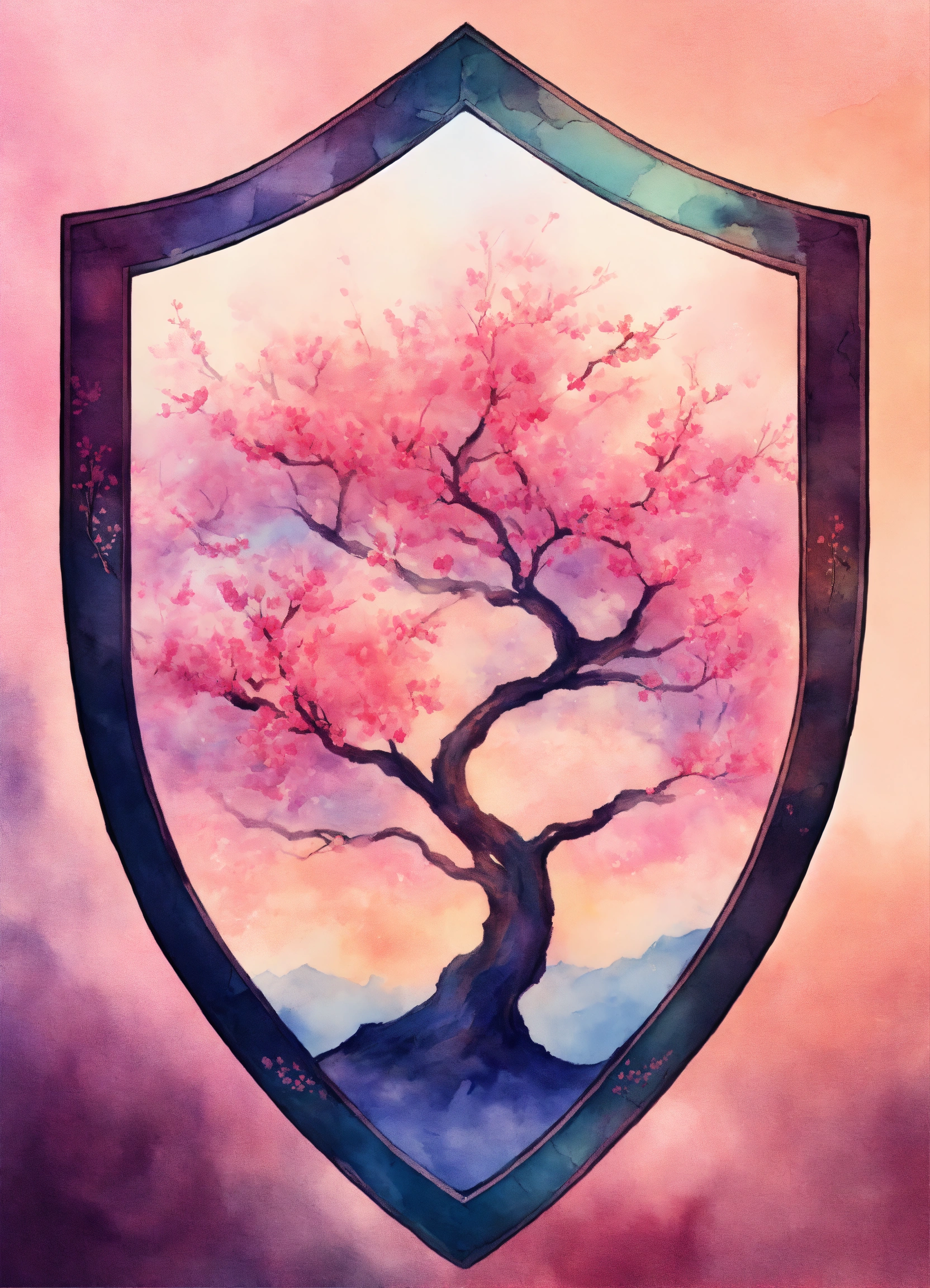 Lexica - A fantasy shield of peach blossom trees, purple, blue and pink ...