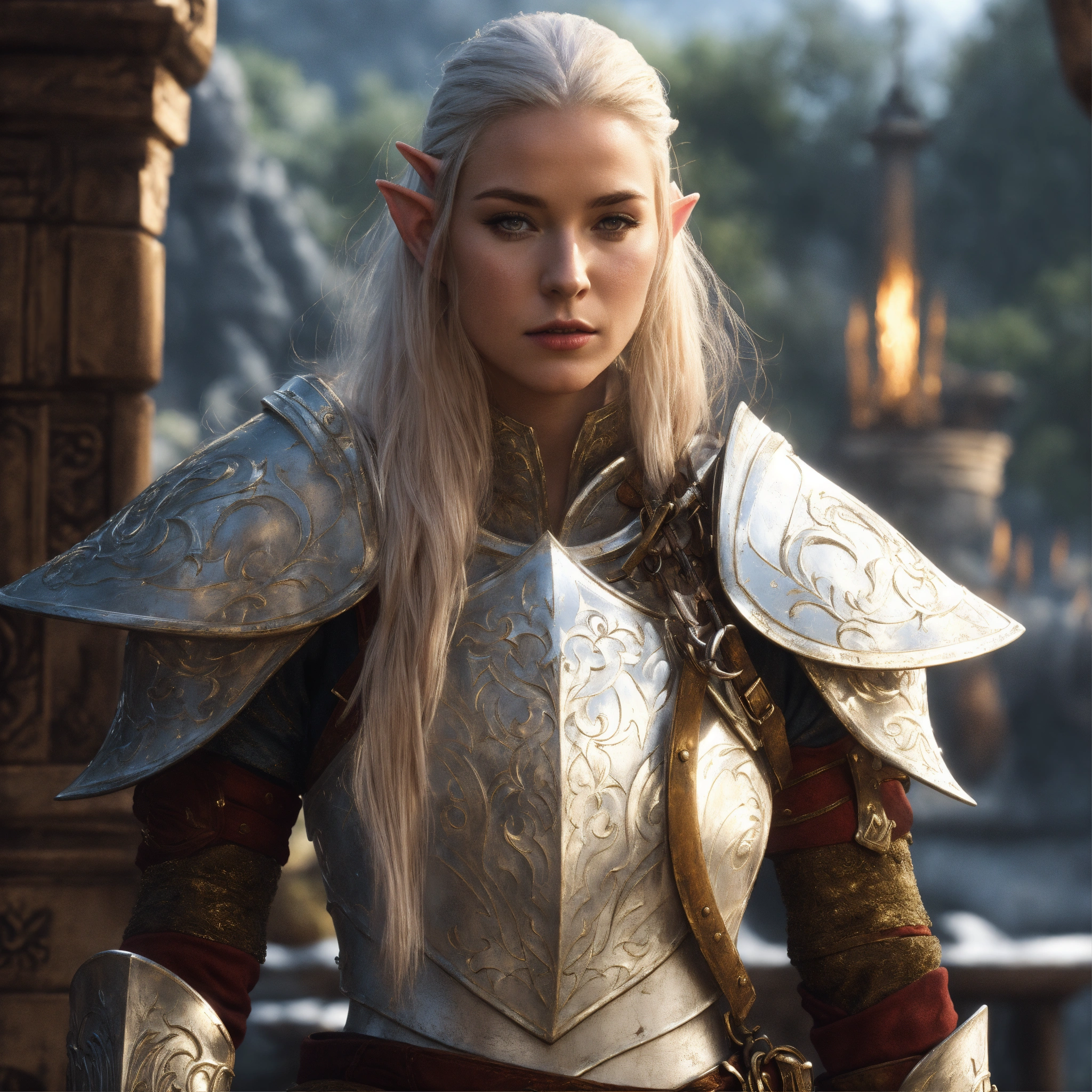 Lexica - D&D, fantasy, cinematic. D&D Elven guard wearing white armor